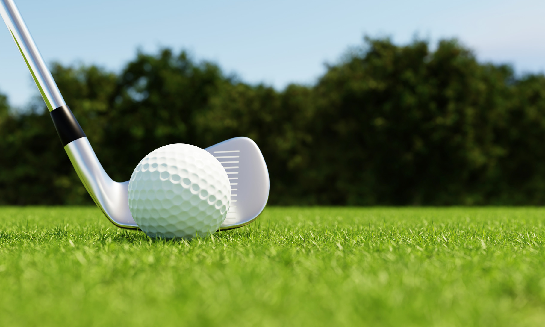 Golf ball and golf club with fairway green background. Sport and ...