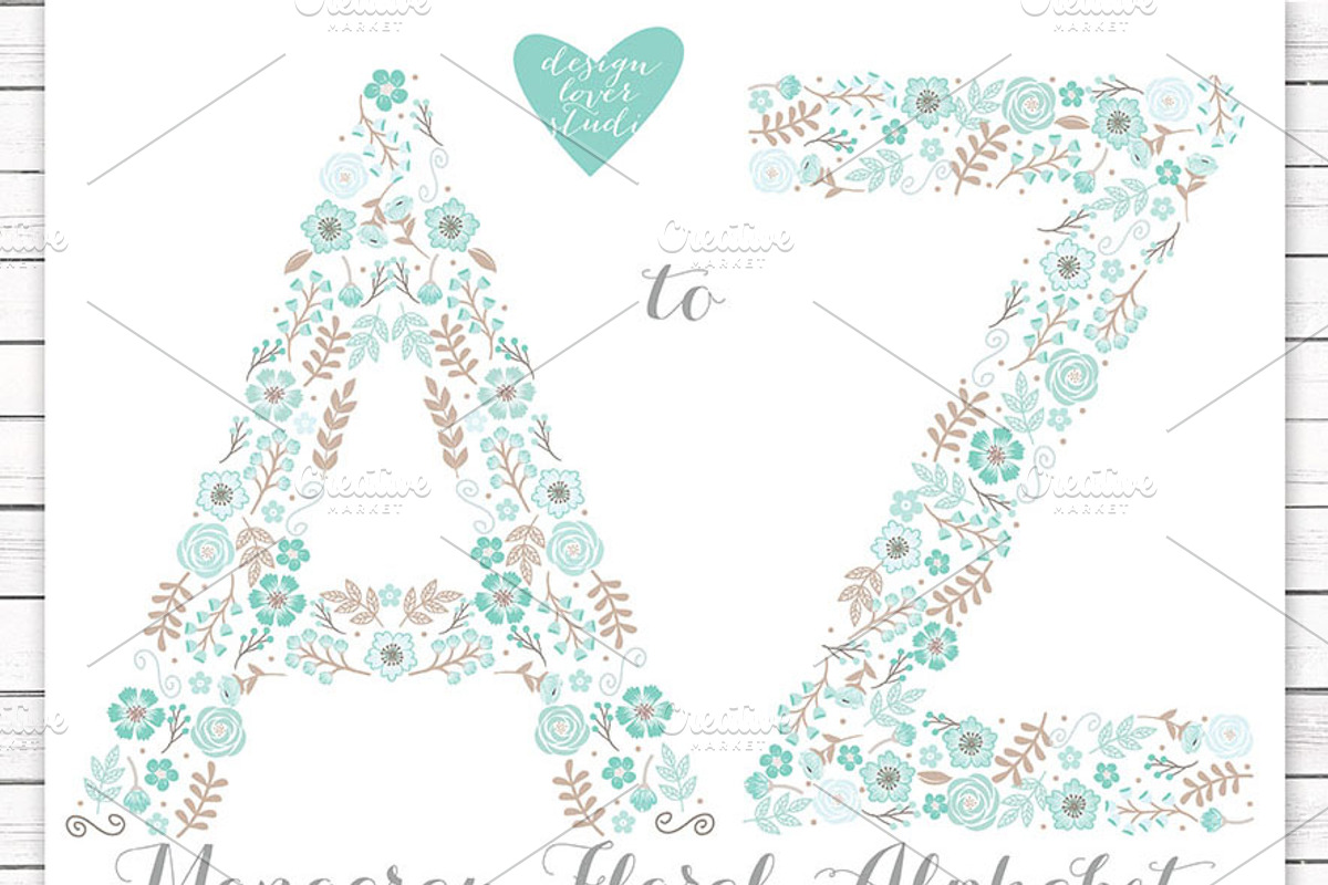 Vector mint floral alphabet, a Decorative Illustration by designloverstudio