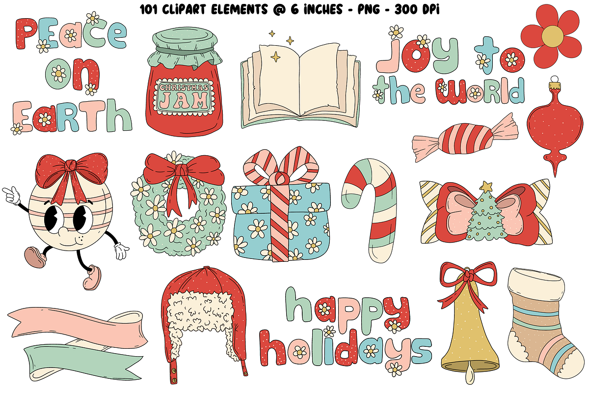 Groovy Retro Christmas Clipart Set, a Graphic by Murphy & Frank ...