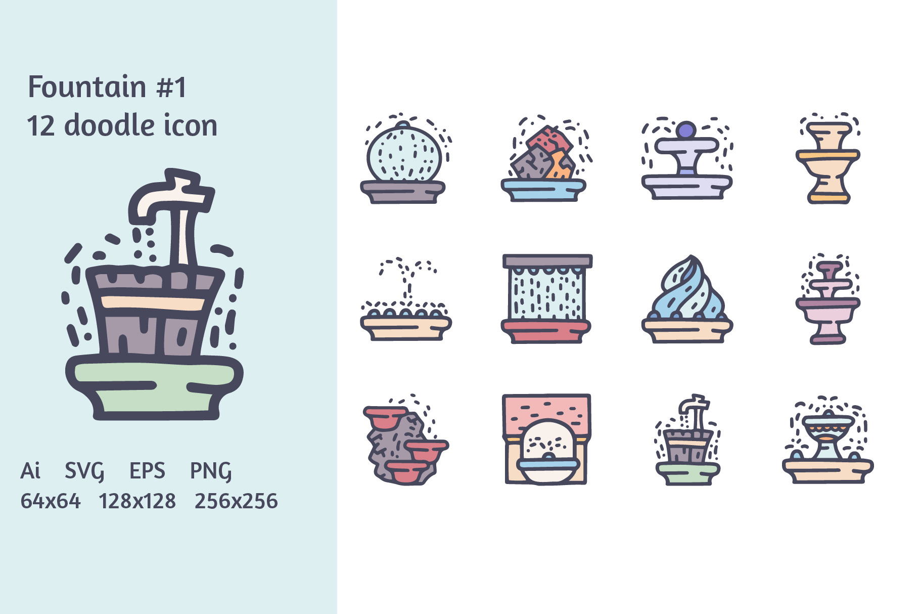 Fountains 12 color doodle icon, an Icon by YershovOleksandr