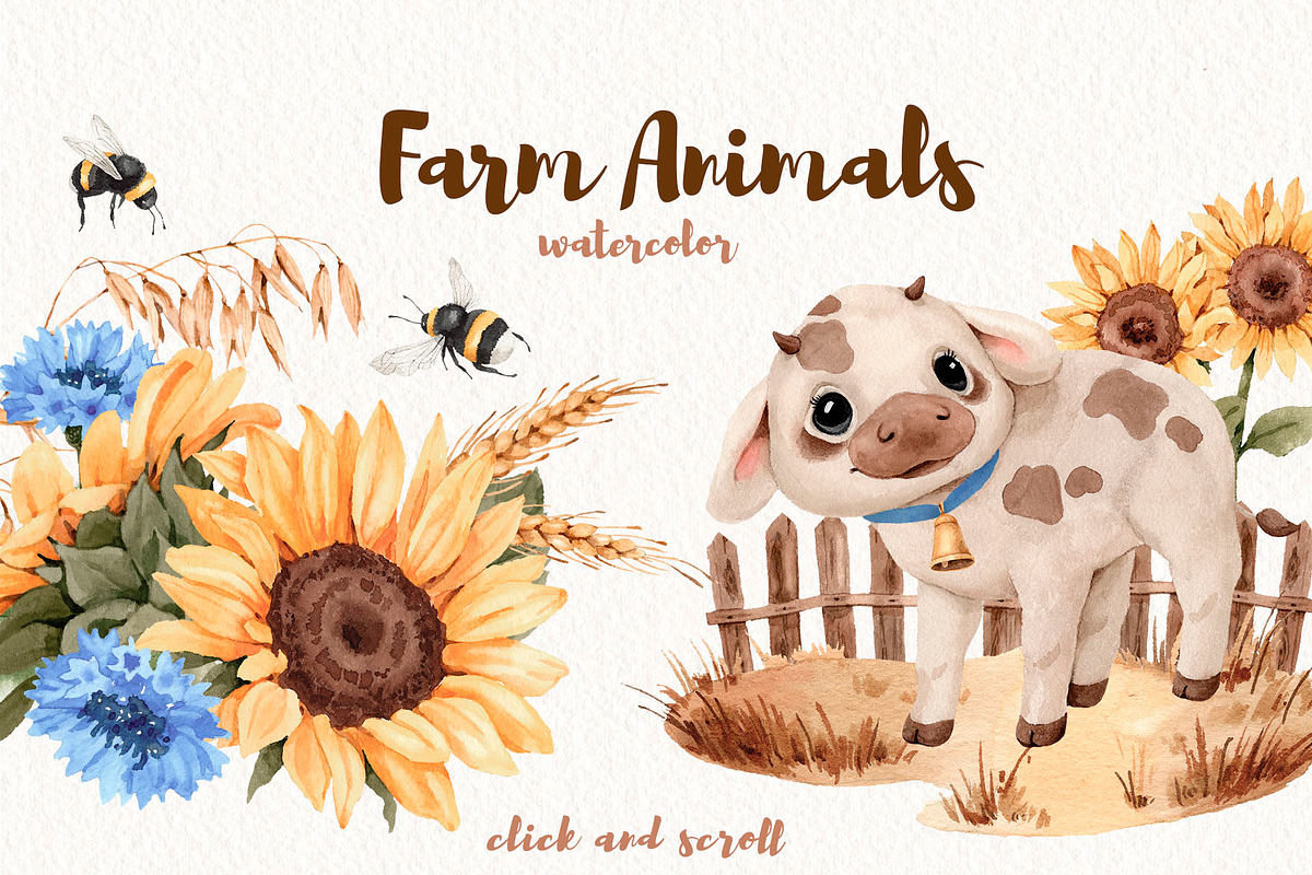 Watercolor Farm Little Animals set, an Animal Illustration by Alamella