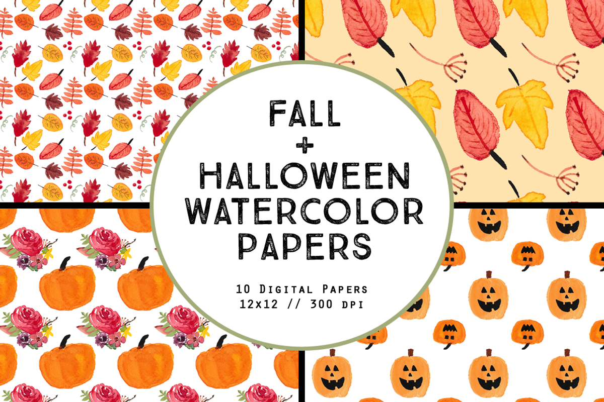 Watercolor Fall Halloween Papers, a Pattern Graphic by Emerald & Ivy ...