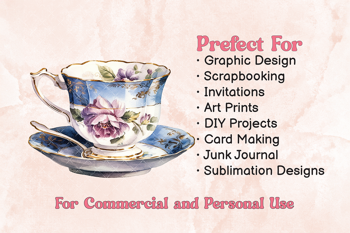 Watercolor Vintage Teacup Clipart, a Decorative Illustration by Design ...