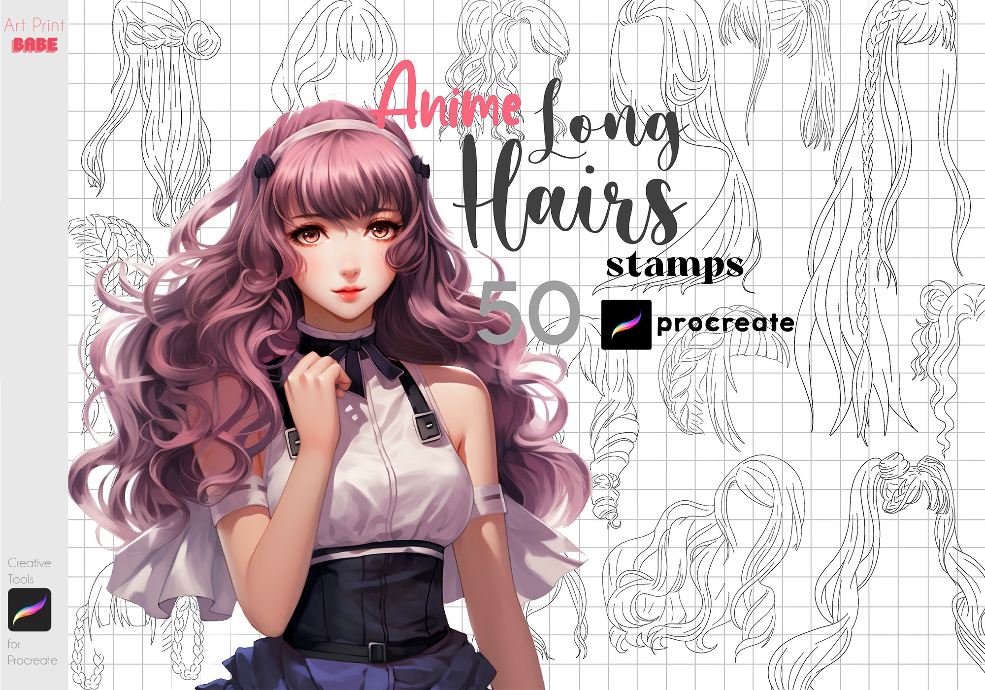 Procreate Anime Girl Hairs Brushes, a Brush Add-On by ArtPrintBabe