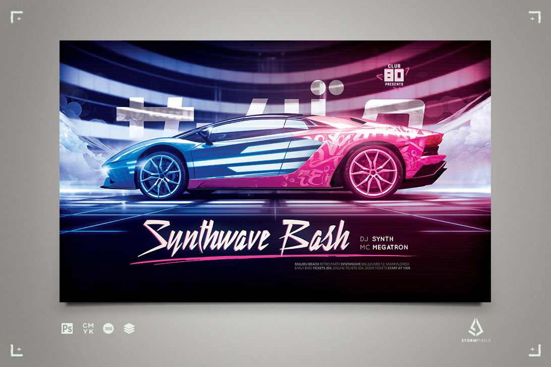 New Wave Flyer v5 Retrowave Poster, a Flyer Template by Storm Pixels