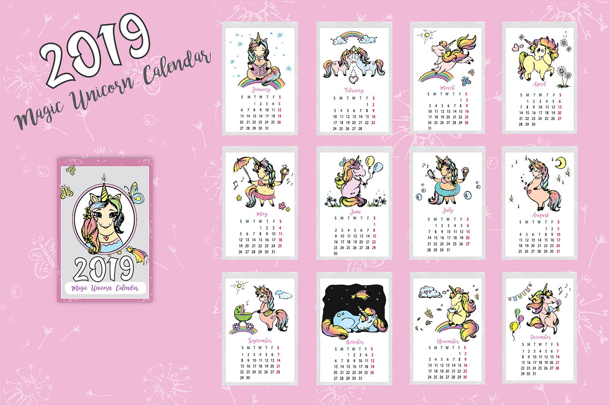 Cute Unicorns- calendar 2019, an Animal Illustration by naum_studio