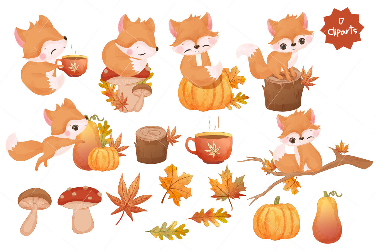 Autumn Series Little Fox Clipart Set | Creative Market