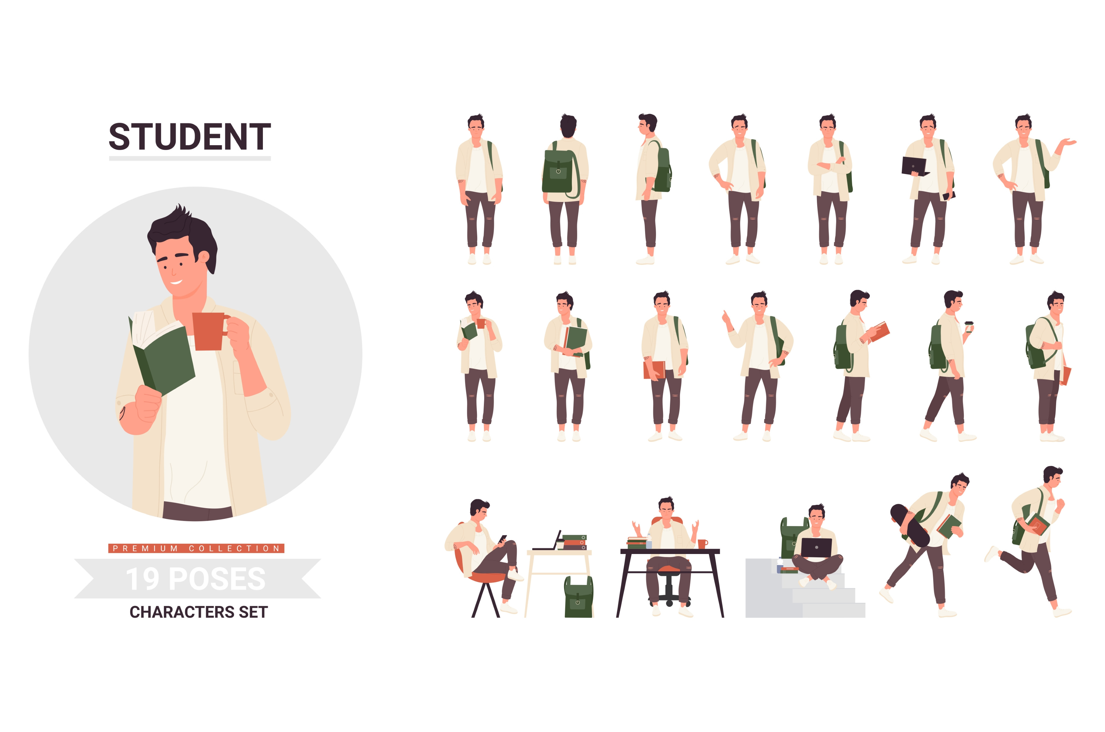 Student young man poses set, an Object Graphic by Flashvector