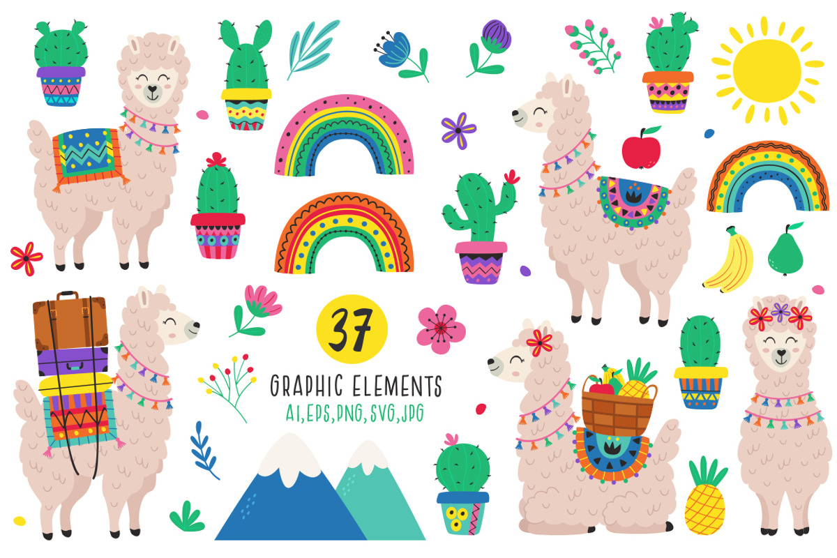 Llama & Cacti collection, an Animal Illustration by NataKa