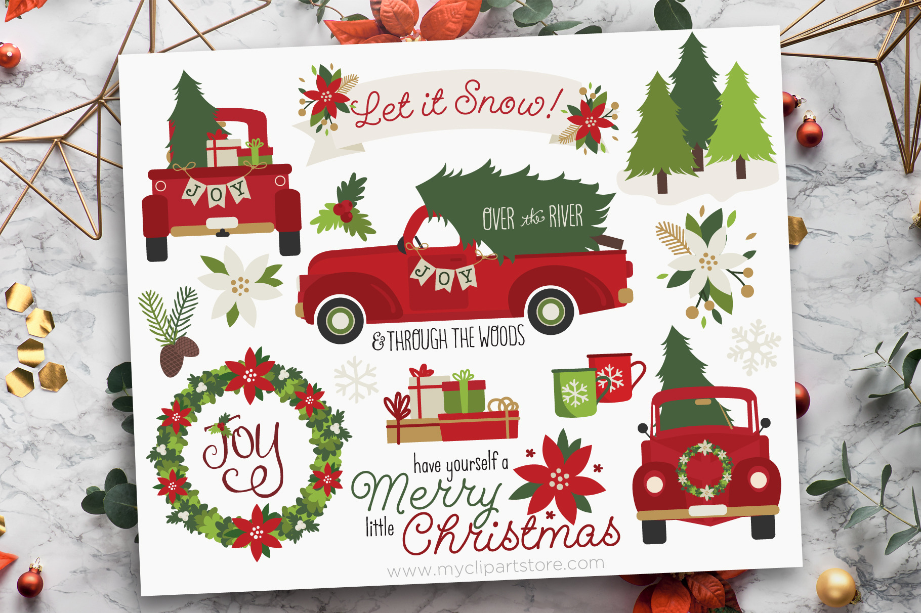 Red Vintage Christmas Truck Clipart, a Seasonal Illustration by ...