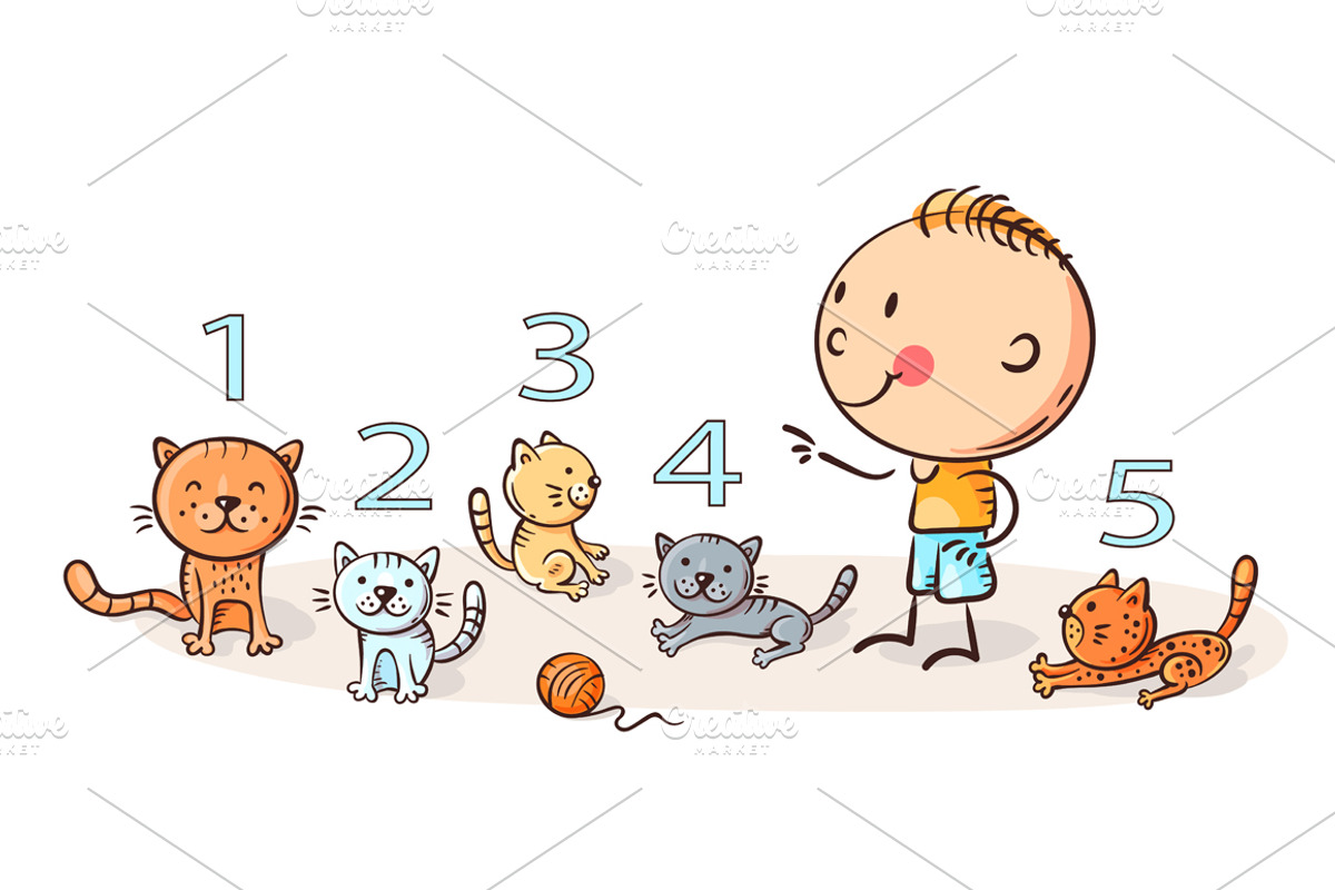 Child counting cats, learning number, an Animal Illustration by Bubert Art