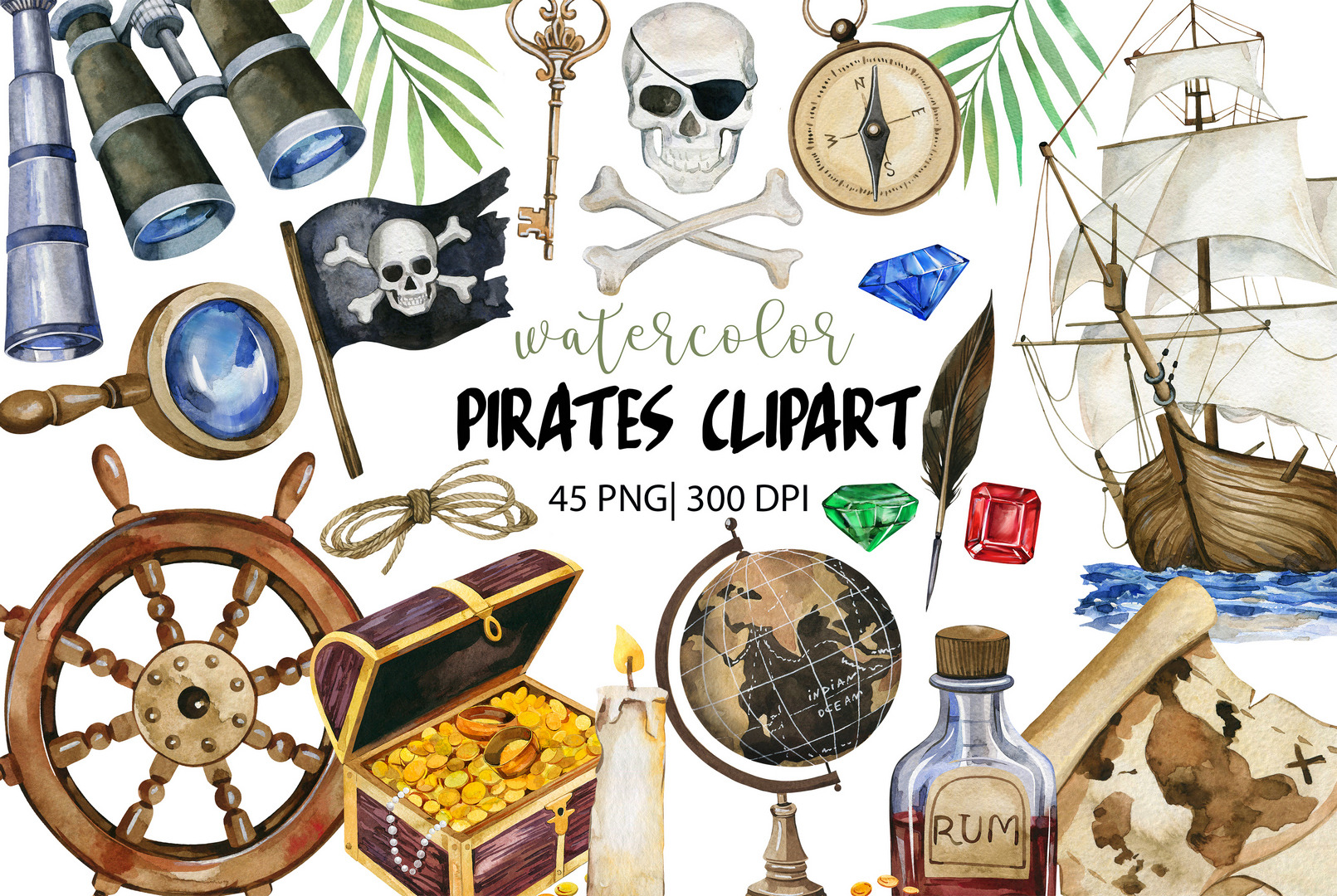 Watercolor Pirates Clipart, PNG