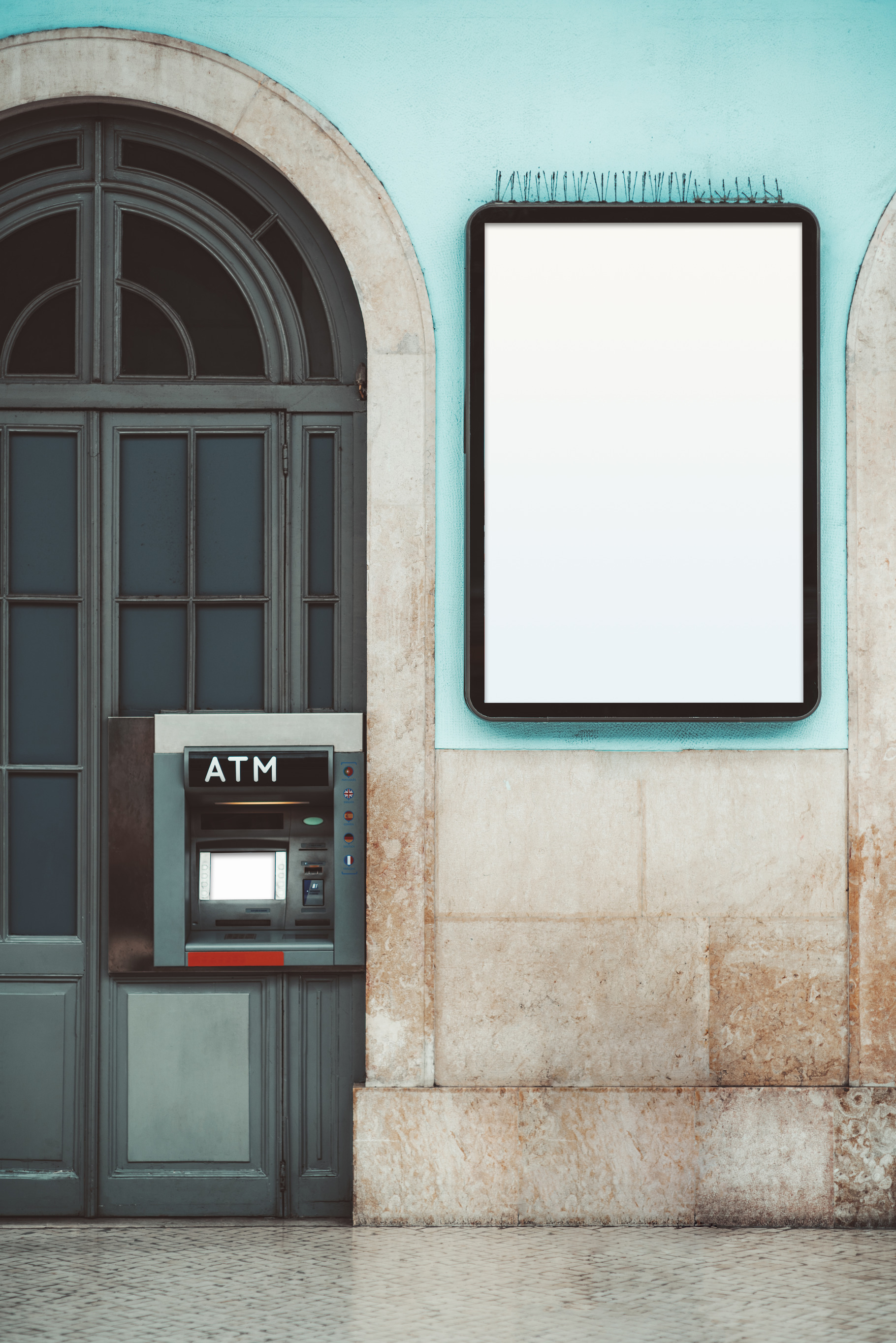 ATM and poster template on the wall, a Business Photo by SkyNext