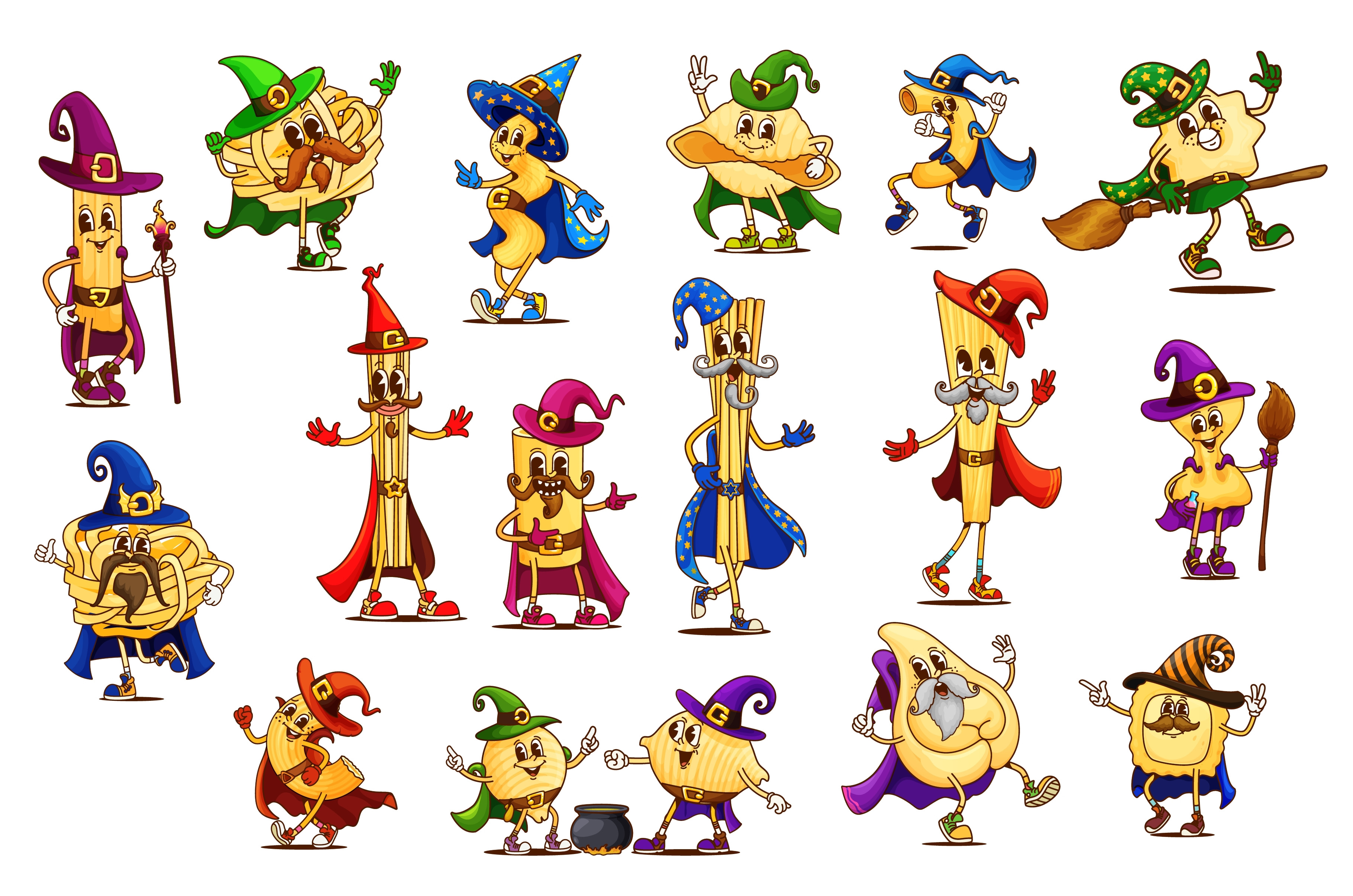 Groovy Halloween pasta wizards, a Food Illustration by Vector Tradition