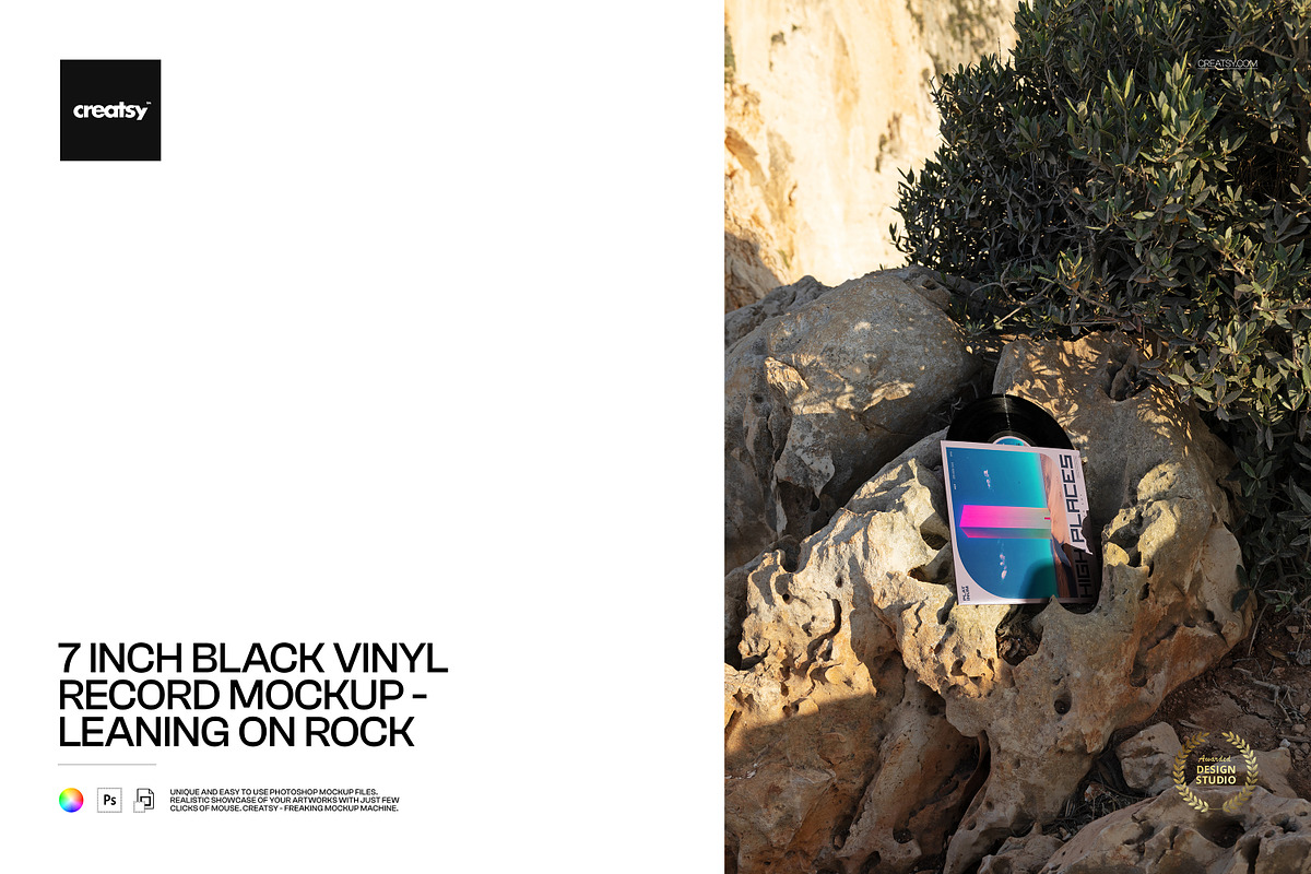7 inch Black Vinyl Record Mockup, a Merchandise Mockup by creatsy5