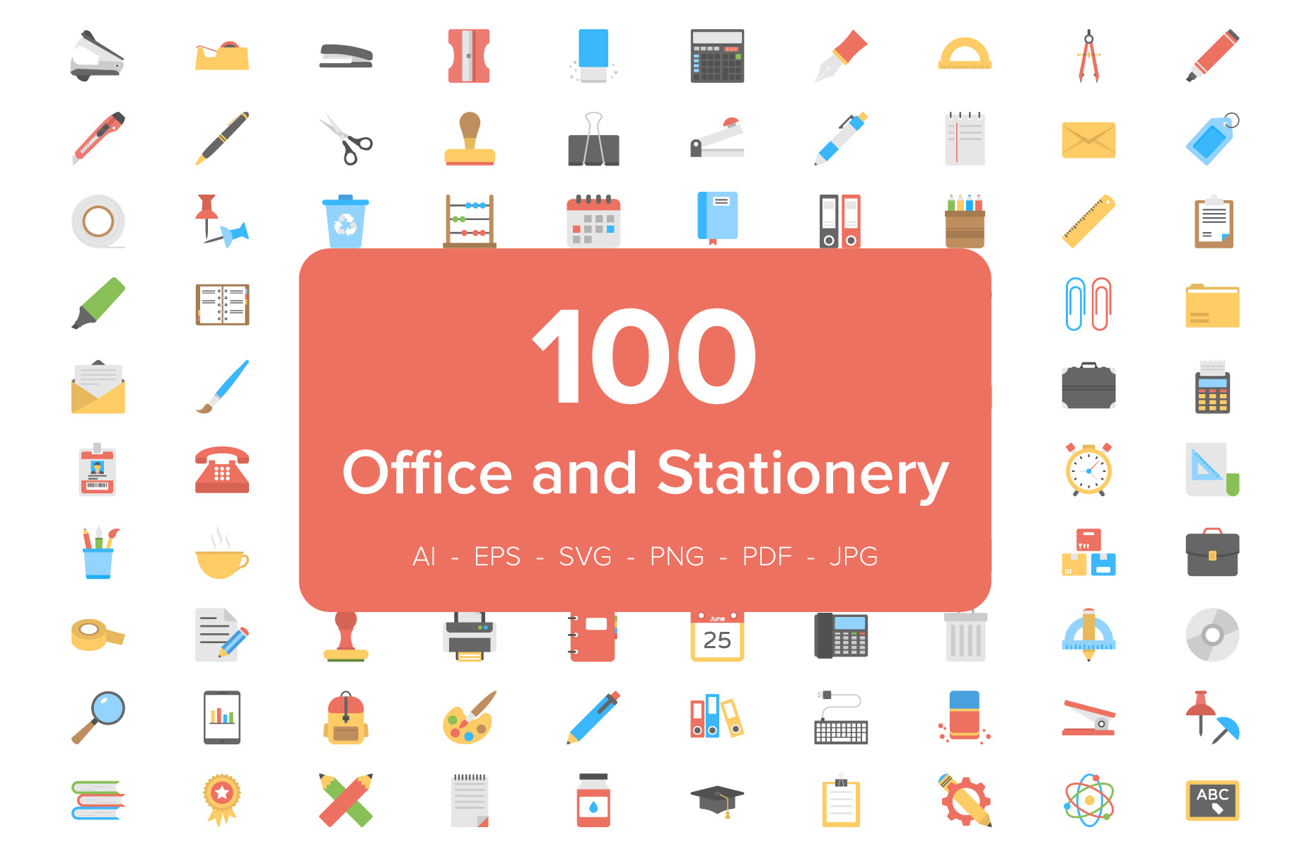100 Office and Stationery Flat Icons, an Icon by Creative Stall ...