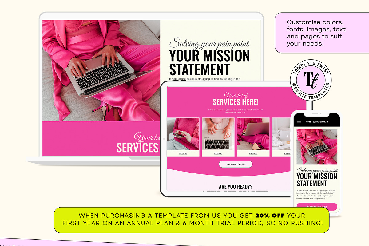 Pink Feminine Faceless Website Template