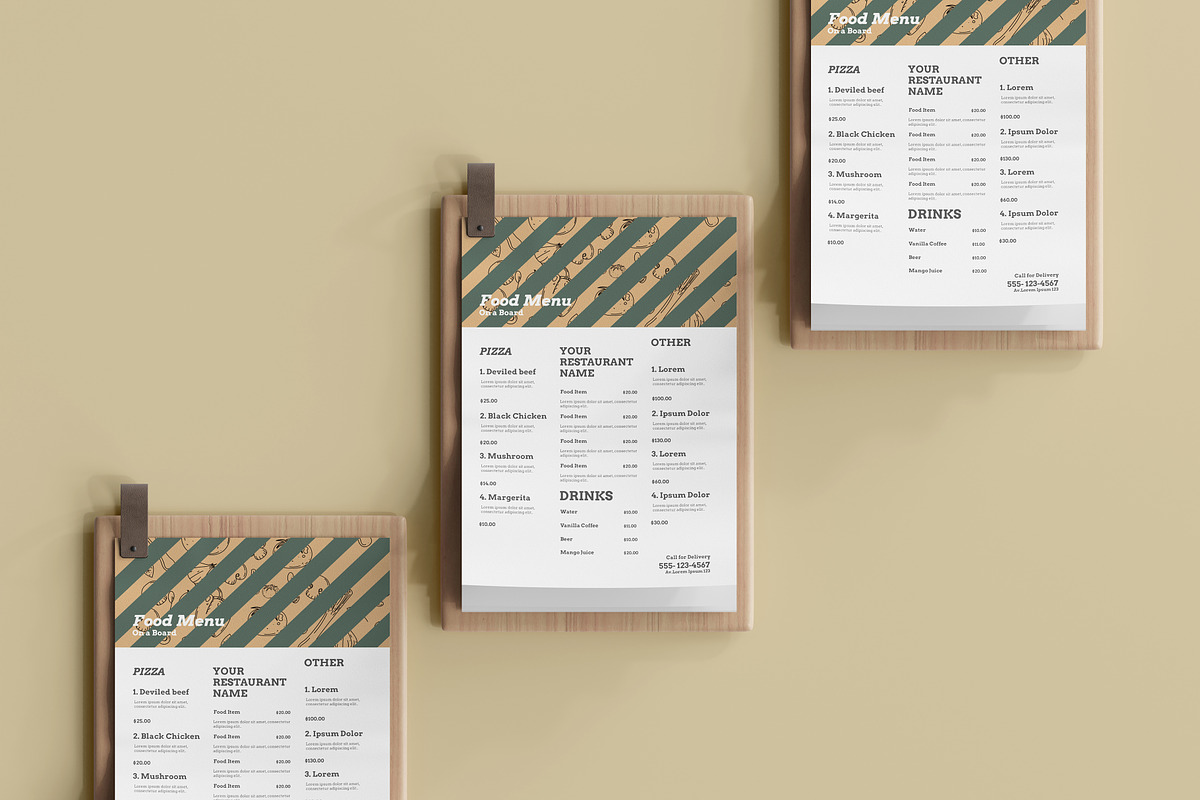 A4 Food Menu on a Board Mockup, a Print Template by pmvch