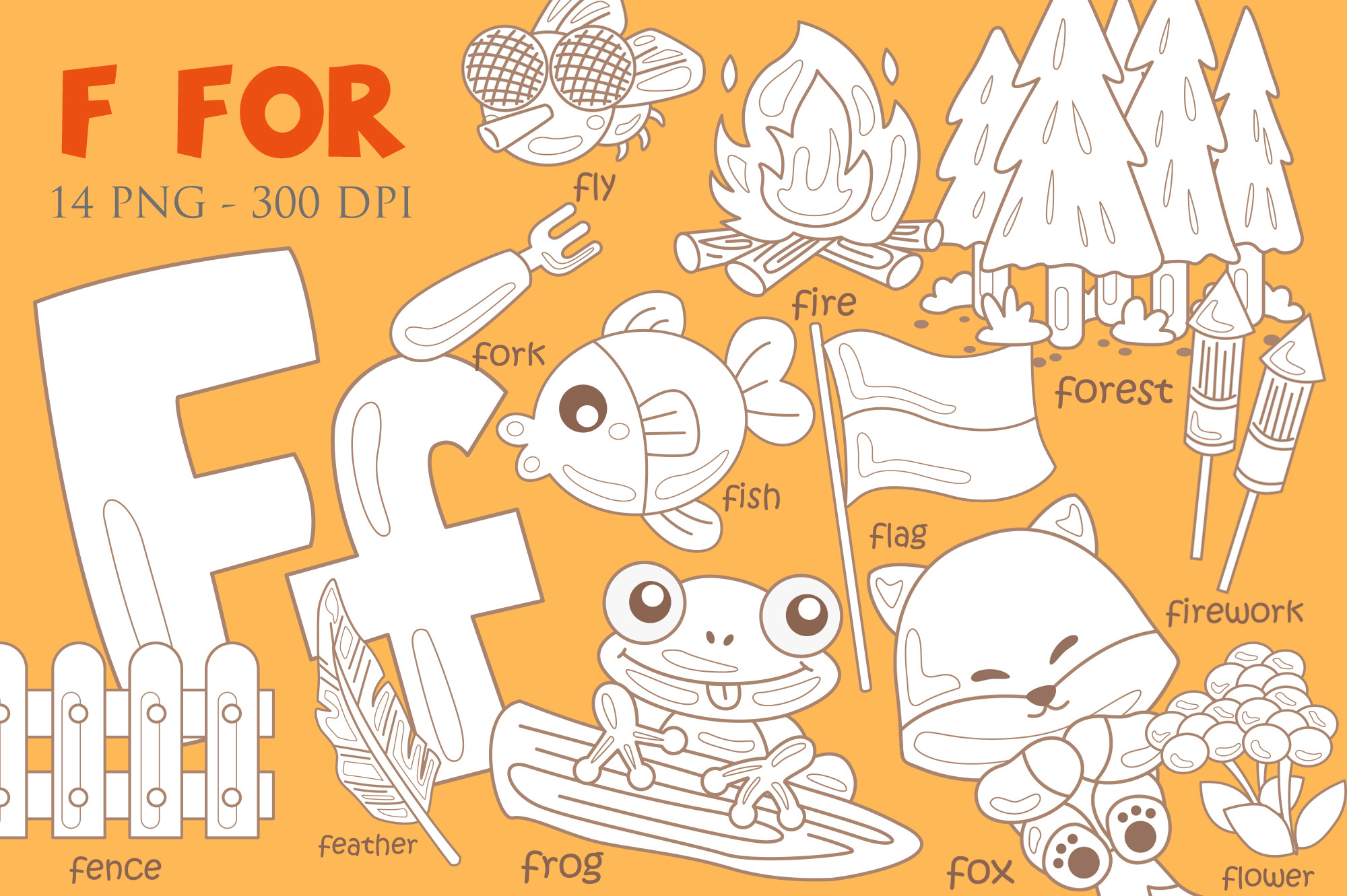 F For Vocabulary Digital Stamp, a Decorative Illustration by ...