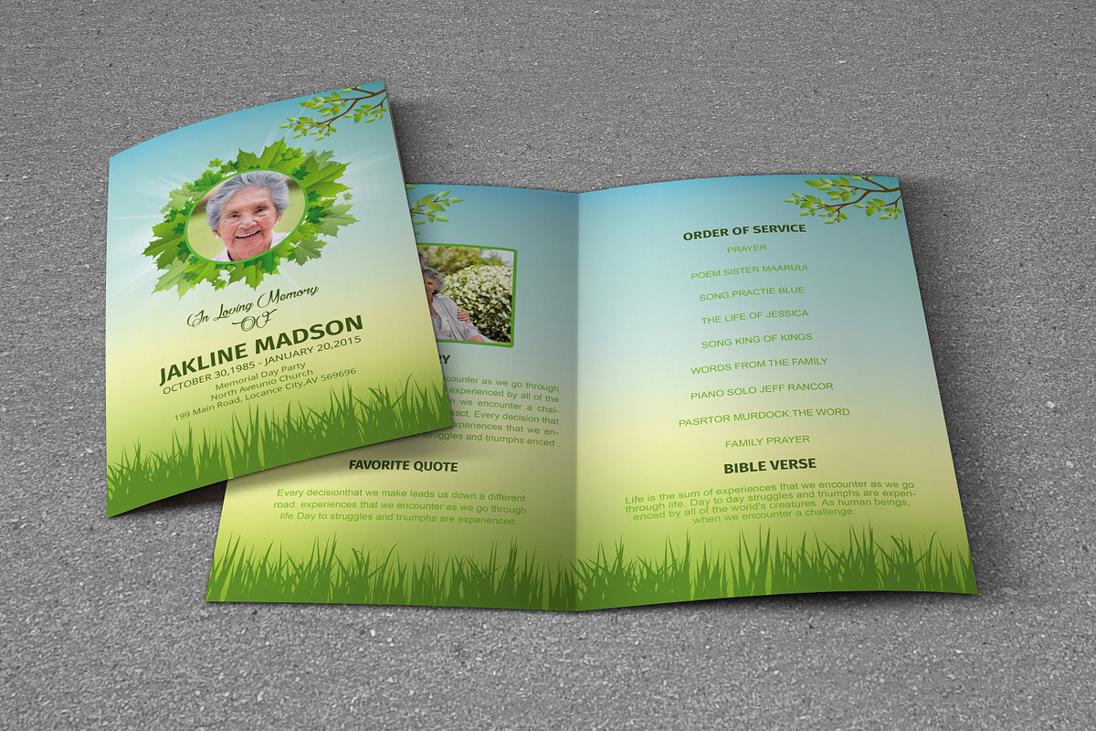 Funeral Program Template Green, a Brochure Template by Madhabi Studio