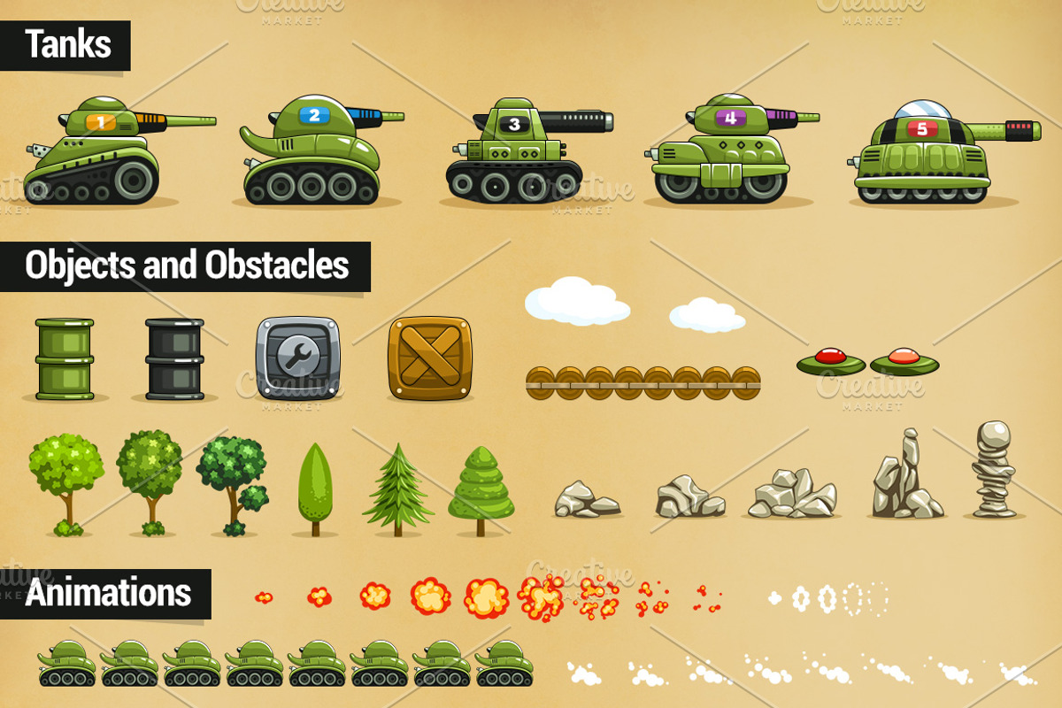 Game Assets for Tank Wars, an Illustration by wowu