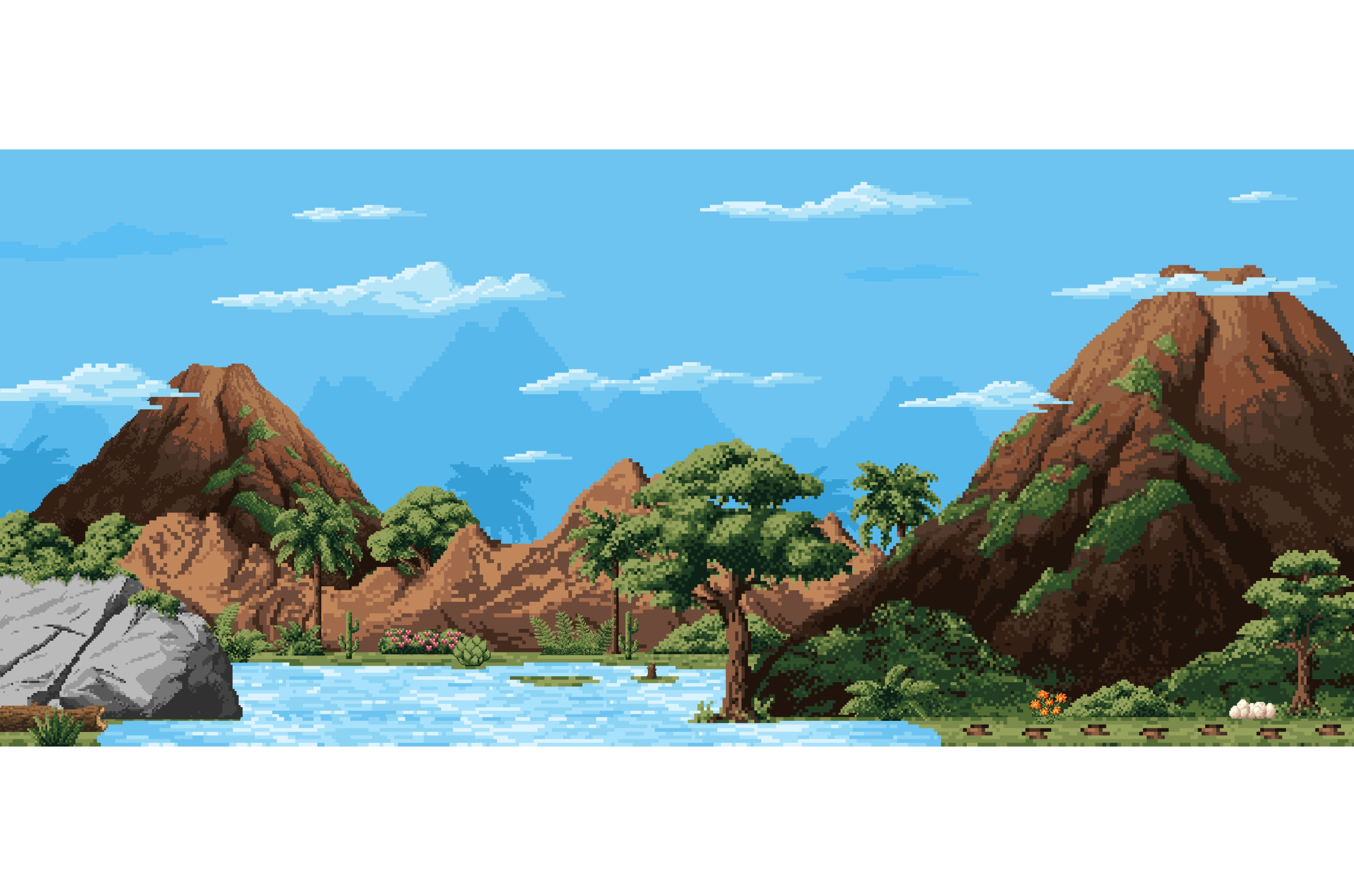 8 bit pixel prehistoric landscape, an Illustration by Vector Tradition