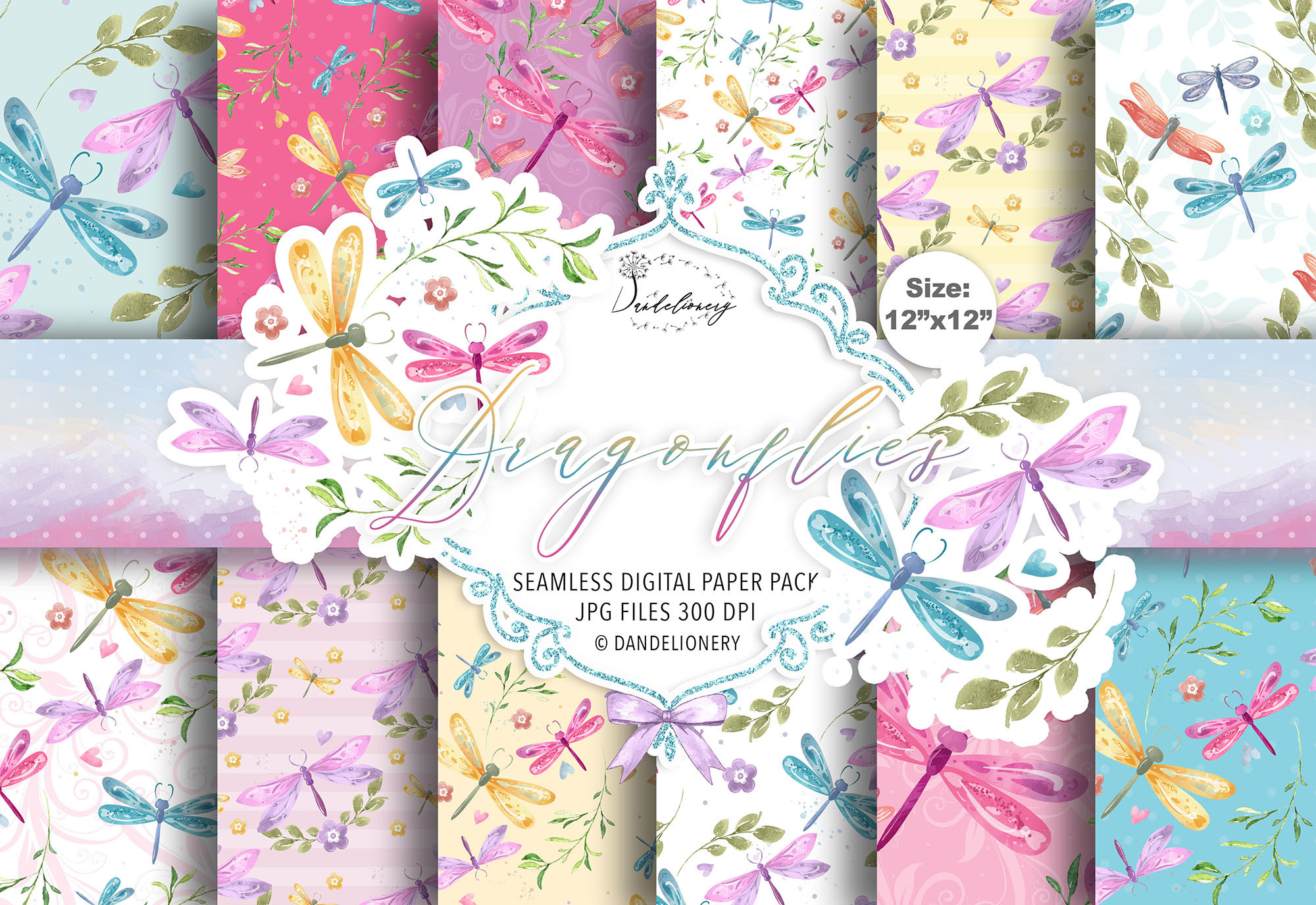 Dragonflies digital paper pack, a Pattern Graphic by designloverstudio