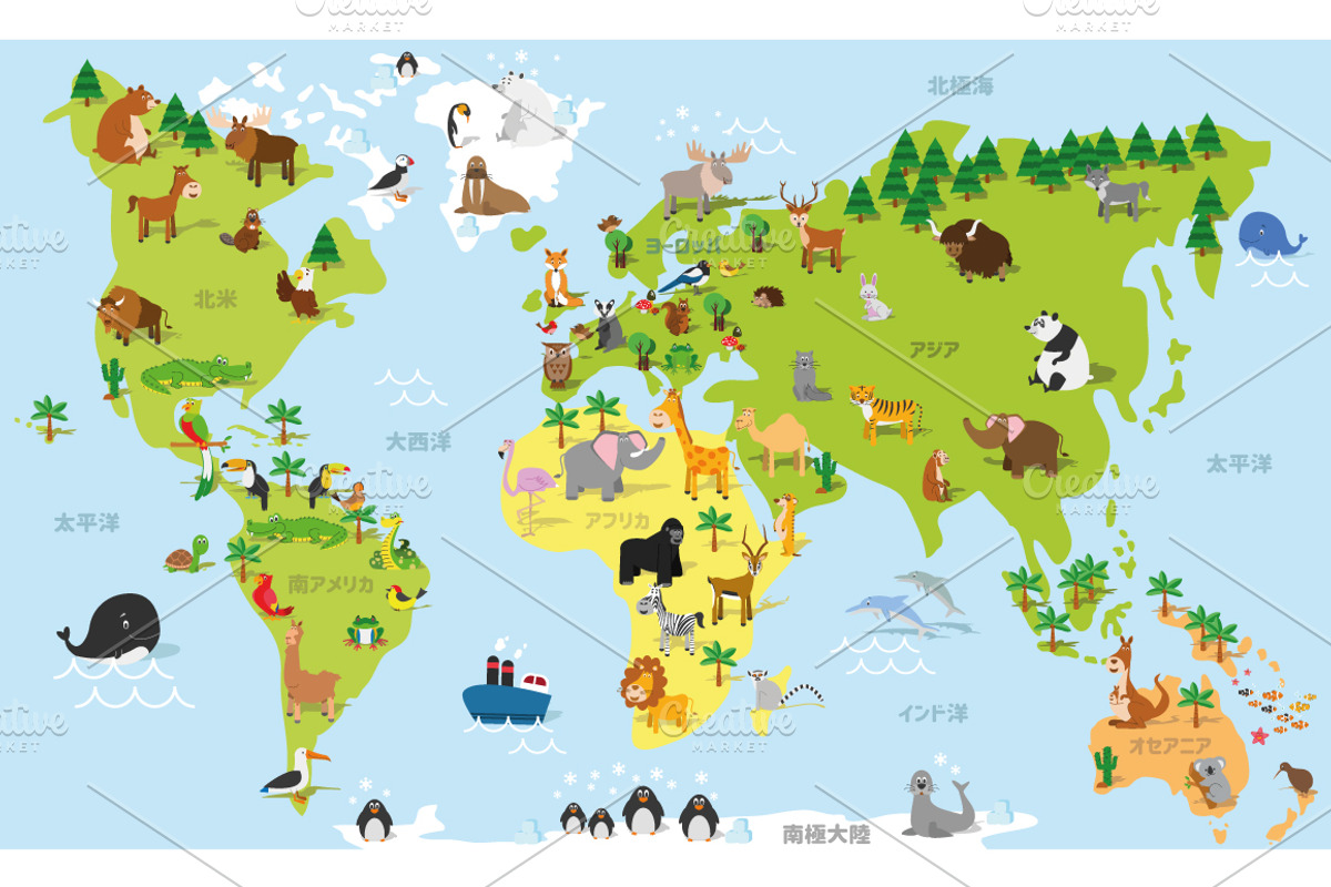 Cartoon animals world map