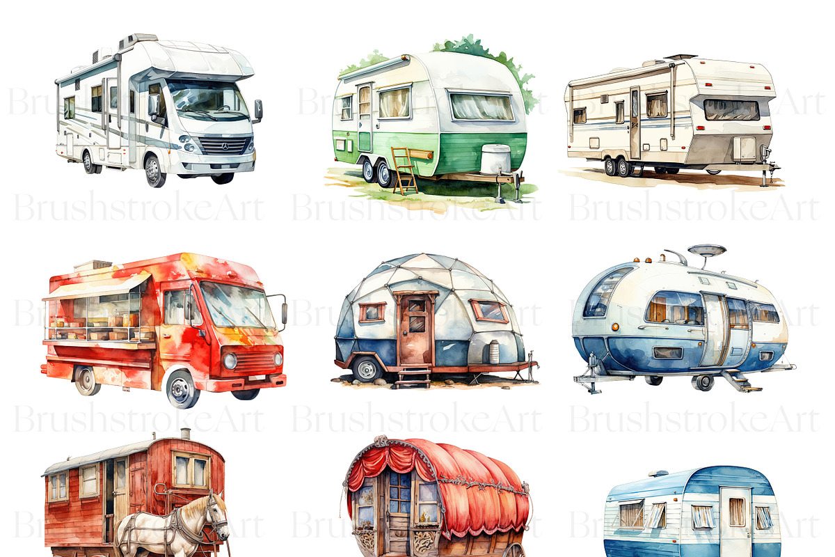 Watercolor Caravan Clipart, Camper Van | Creative Market