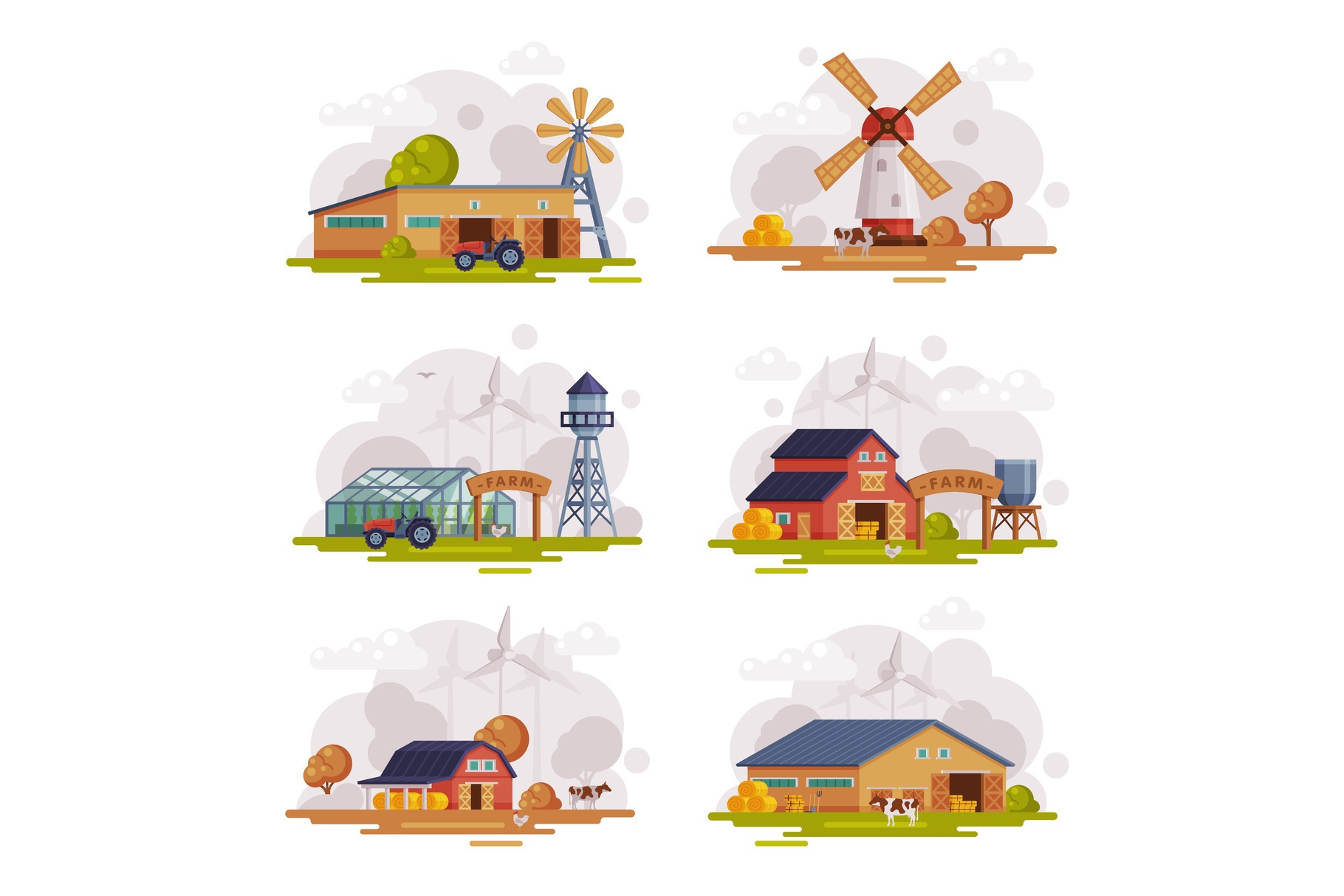 Farm Scenes Set, Country Buildings, an Animal Illustration by TopVectors