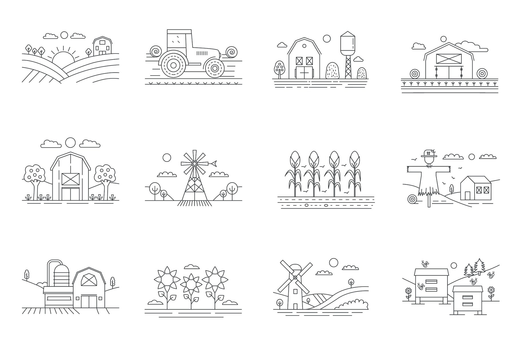 Farm and farming fields line icons | Animal Illustrations ~ Creative Market