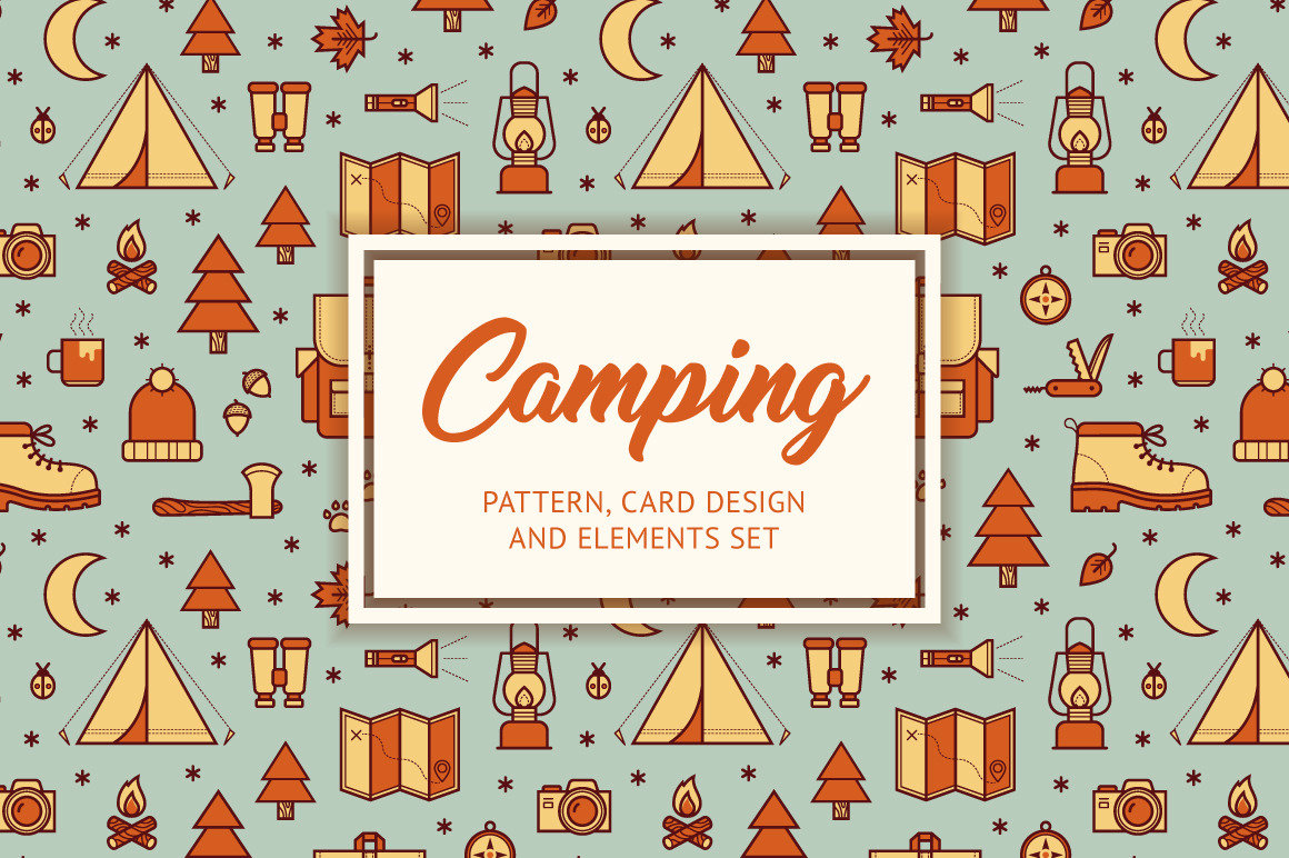 Camping pattern, card & elements set, a Pattern Graphic by tetiana.svirska
