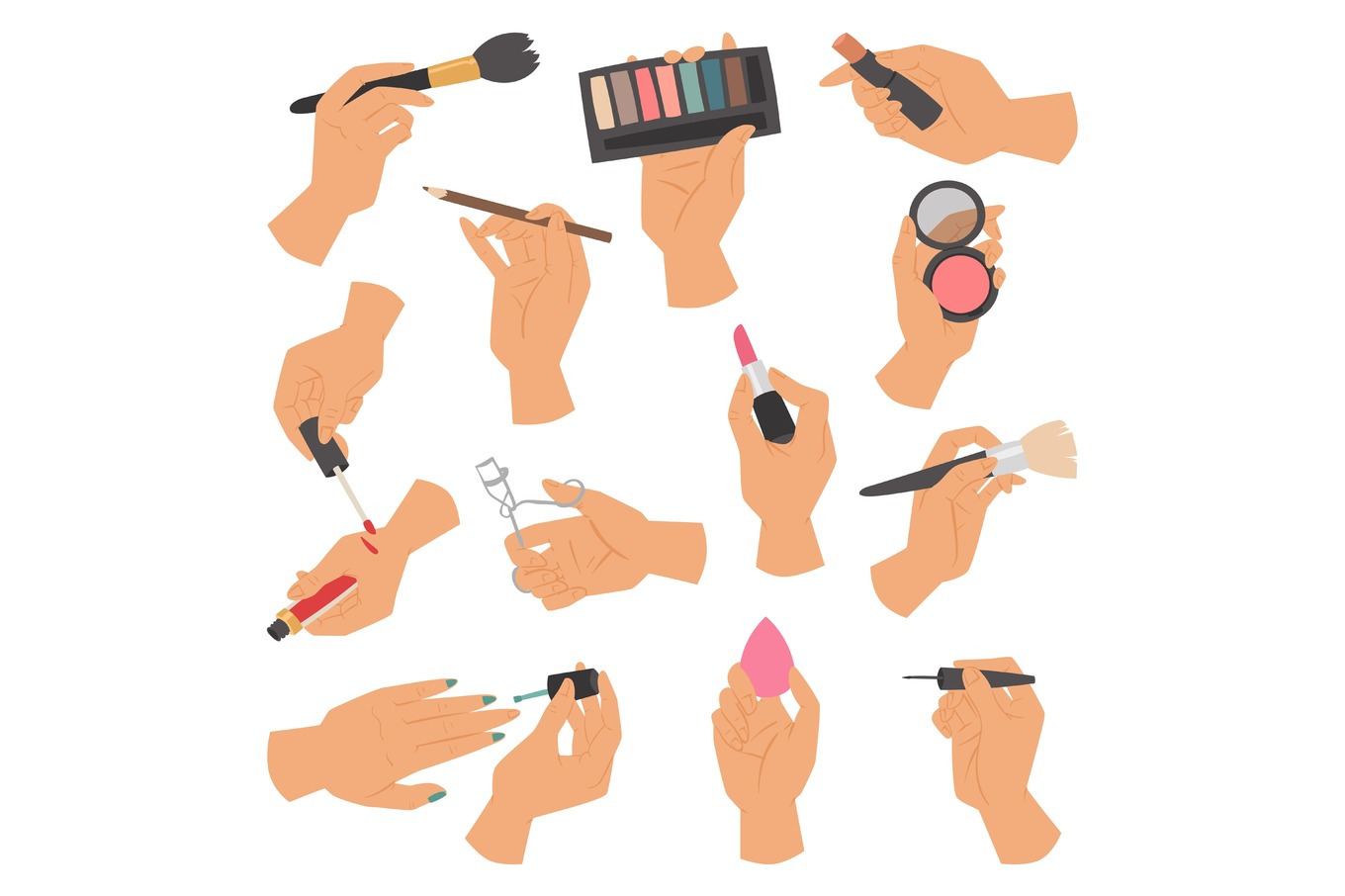 Collection of makeup cosmetics and brushes in hands isolated on white ...