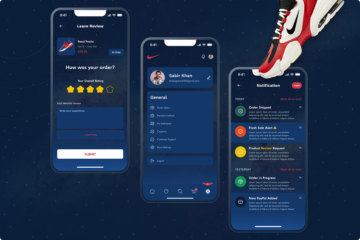 Space Theme Nike App UI UX Design, an UI Kit Template by DesignBox