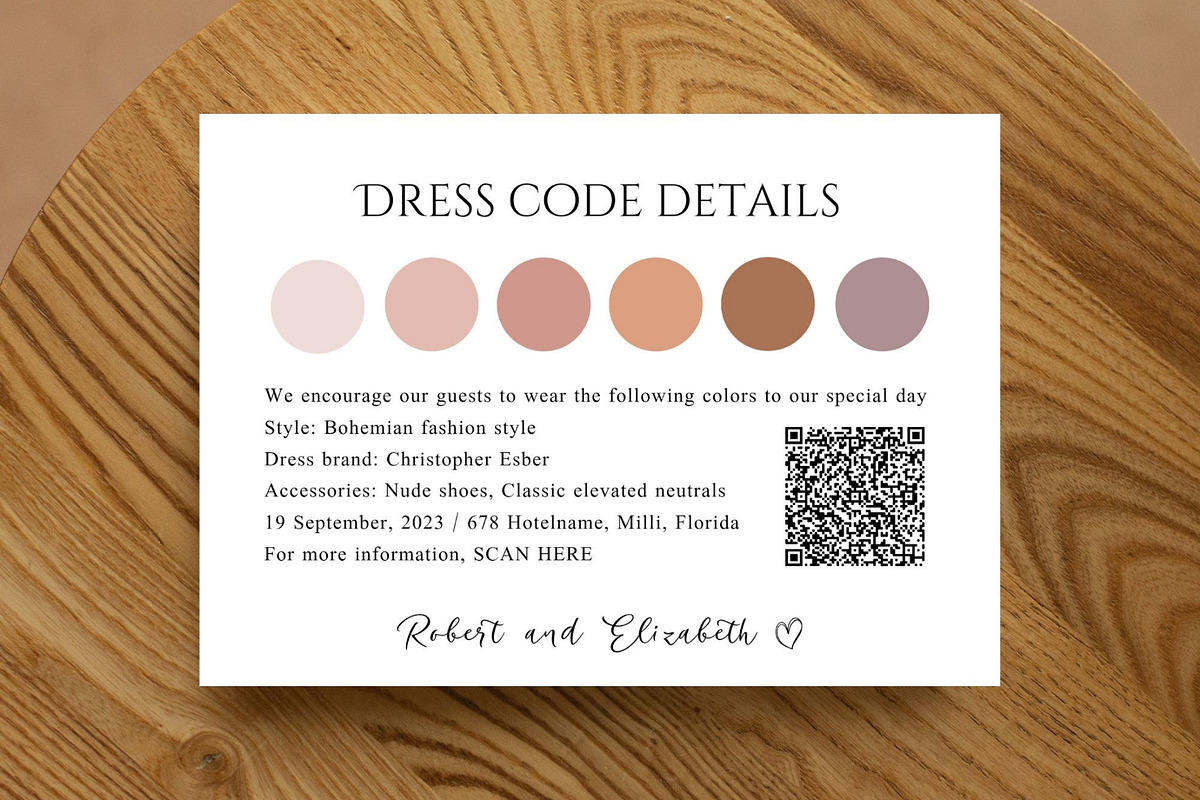 QR code wedding event attire card, a Card Template by EvaTemplates
