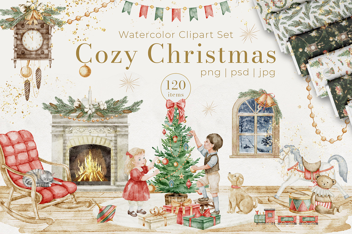Christmas vintage watercolor clipart, an Illustration by Alisles
