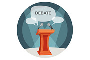 Debate poster with microphones and opinions on vector illustration ...