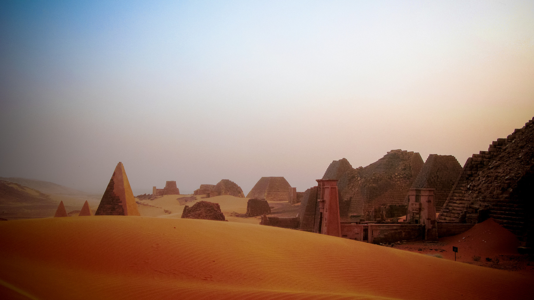 Sunset landscape of meroe pyramids i featuring ancient, ruines, and ...