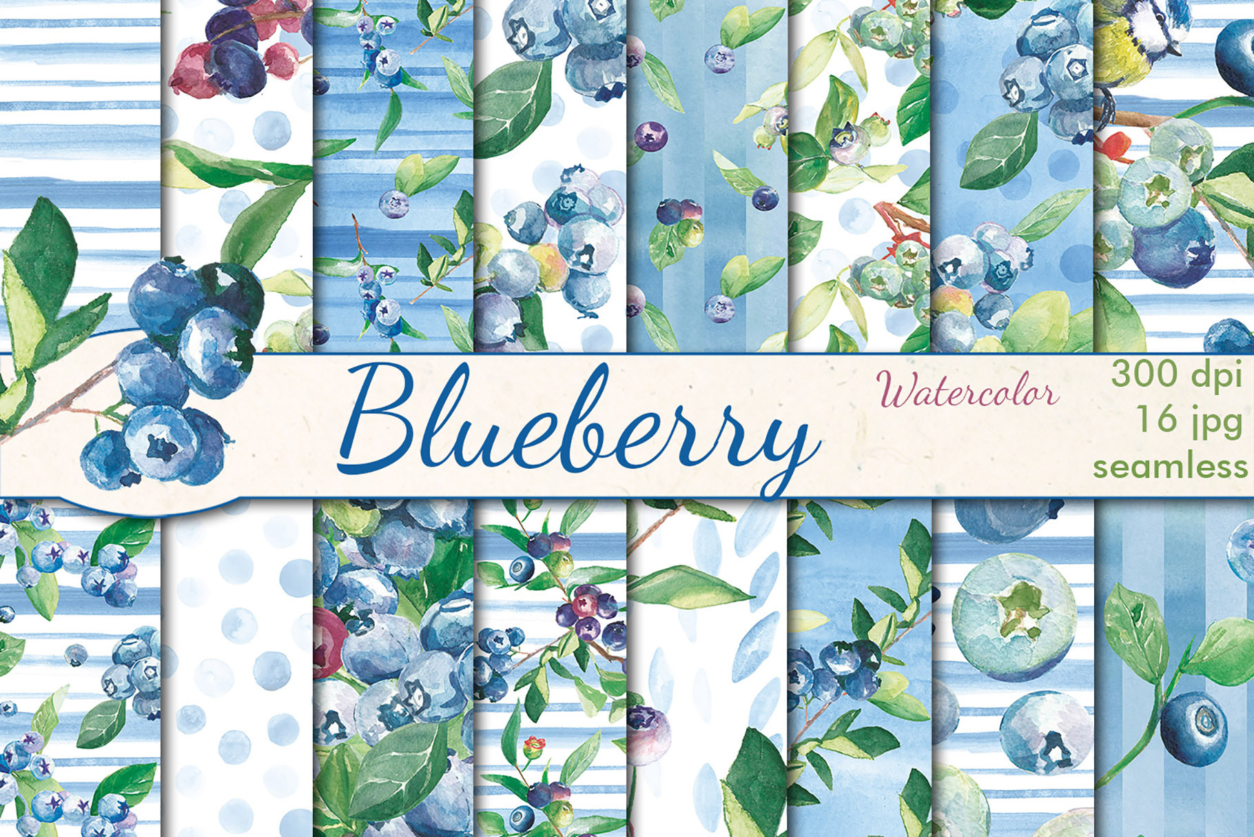 Watercolor Blueberry patterns, a Pattern Graphic by DollyPotterson