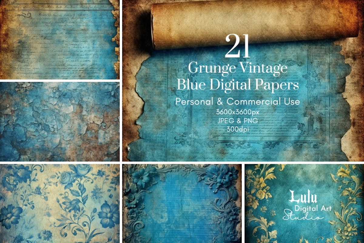 Grunge Vintage Blue Digital Paper-21, a Background Graphic by Lulu ...