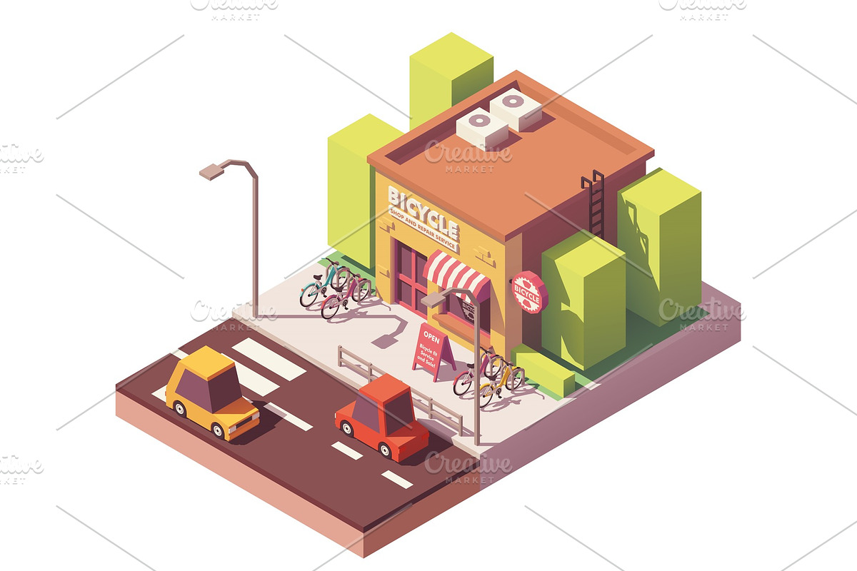 Vector isometric bicycle shop, a Work Illustration by tele52