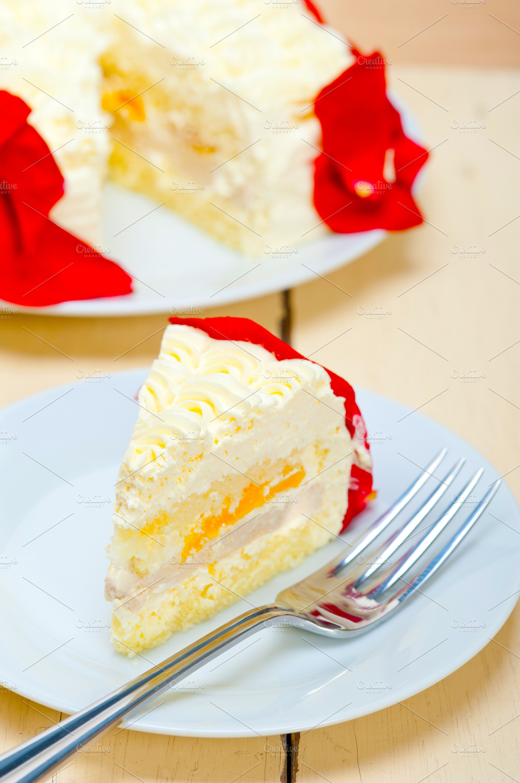 whipped cream mango cake, a Food & Drink Photo by keko64 | Creative Market