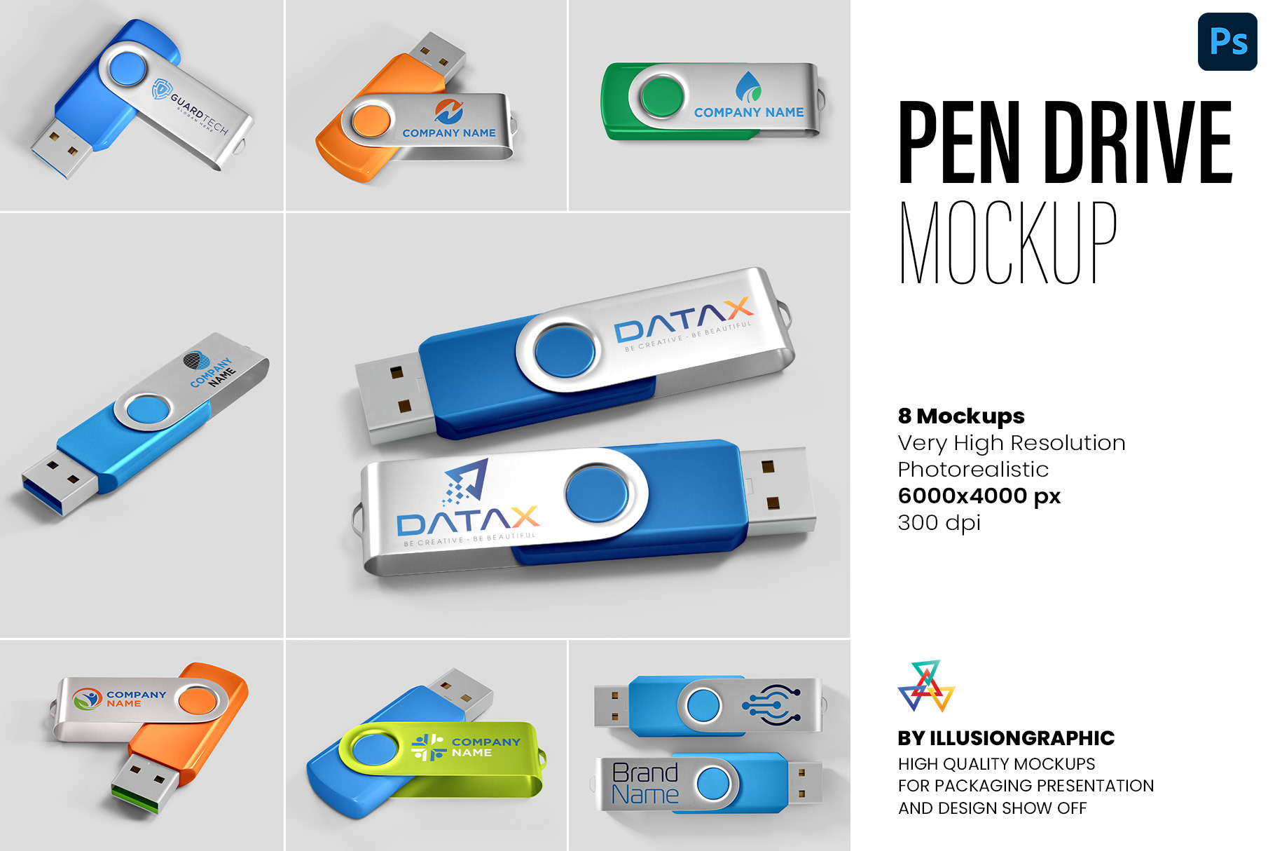 Pen Drive Mockup - 8 views, a Merchandise Mockup by Illusiongraphic