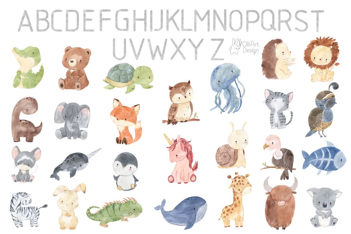 Watercolor alphabet with animals