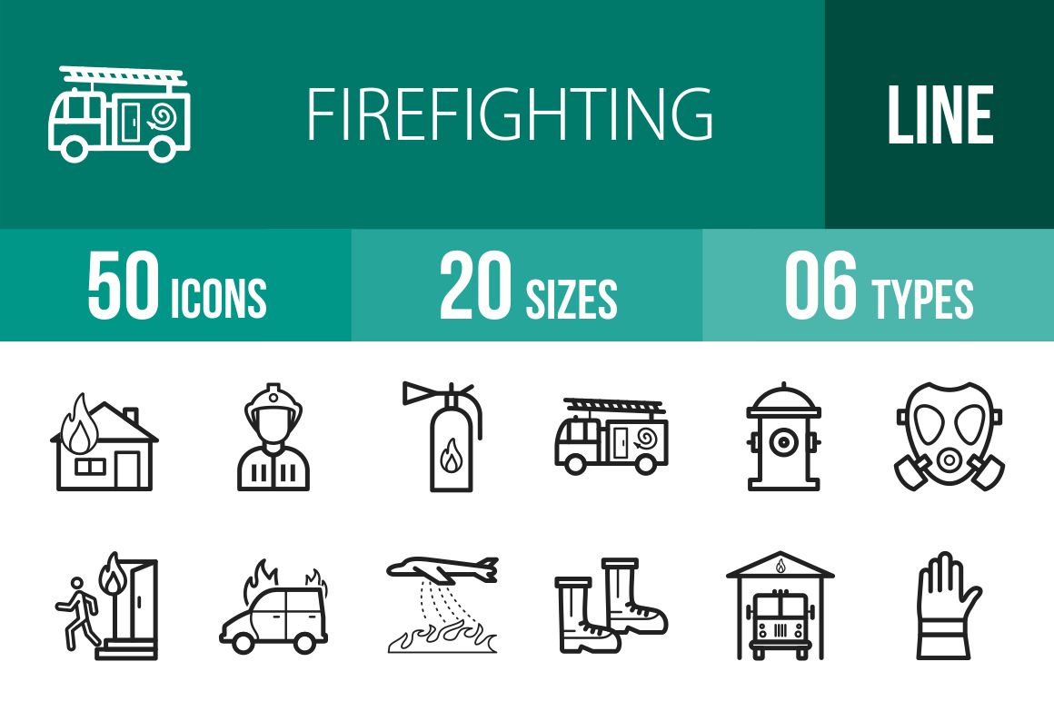 50 Firefighting Line Icons, an Outline Icon by IconBunny