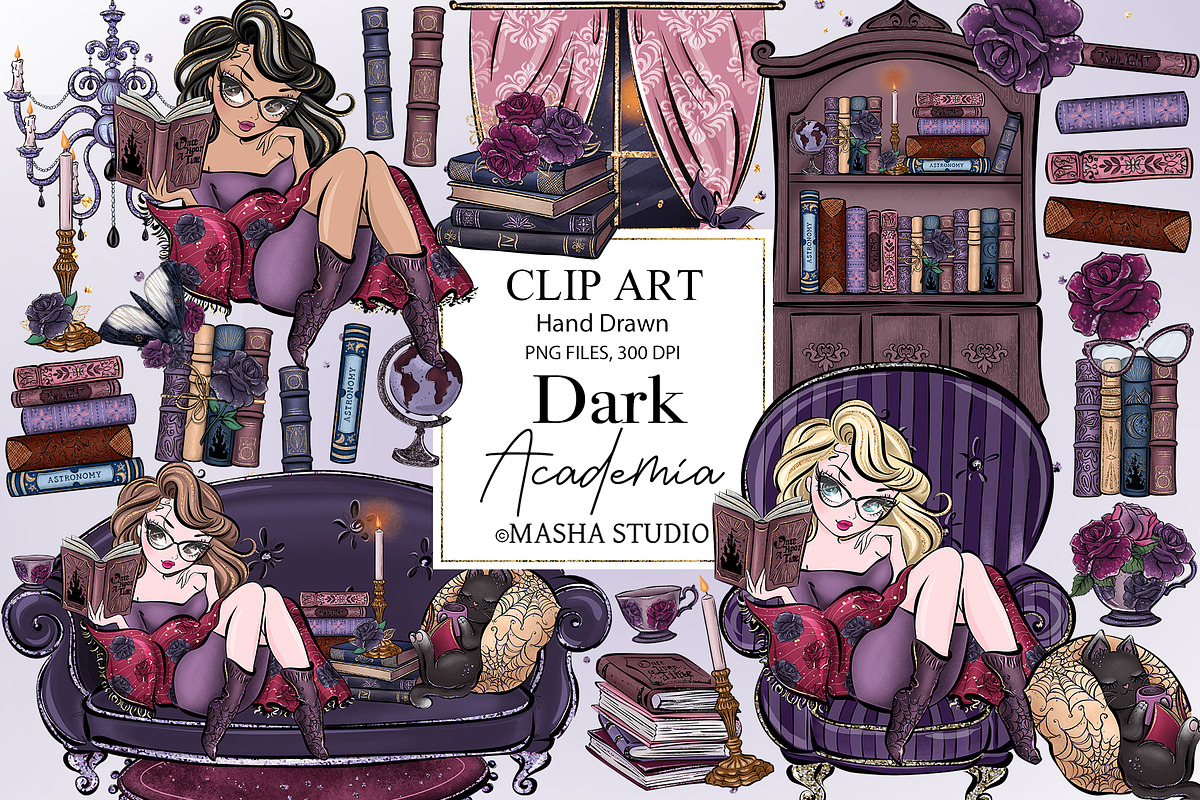 Dark Academia Hand Drawn Clipart, a Decorative Illustration by Masha Studio