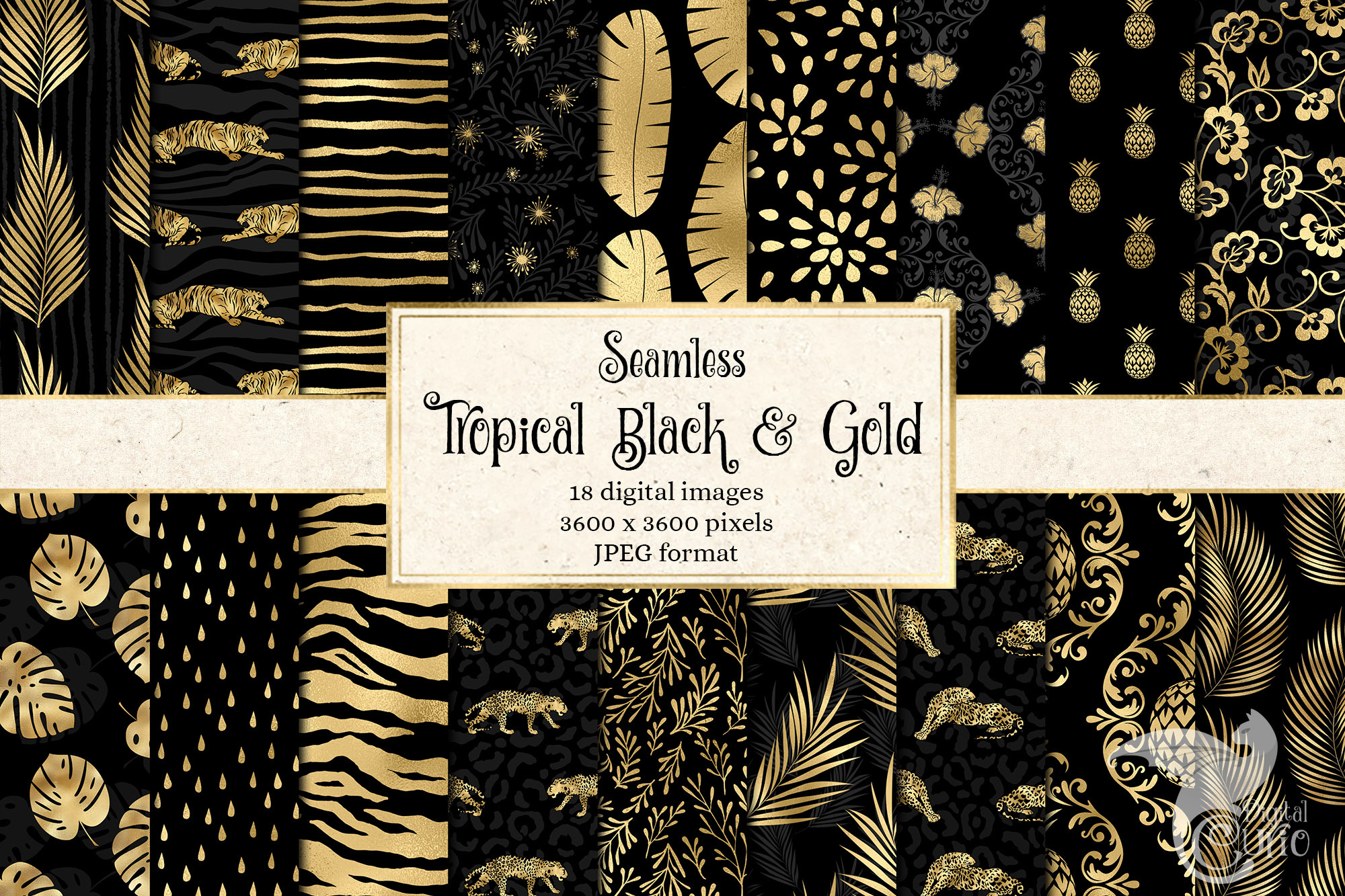 Tropical Black & Gold Digital Paper, a Texture Graphic by Digital Curio