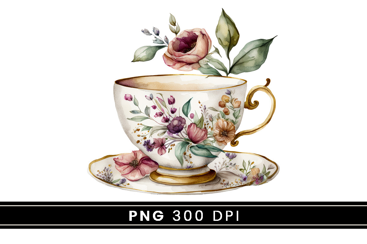 Floral Tea Cup Watercolor Clipart, a Decorative Illustration by Design ...