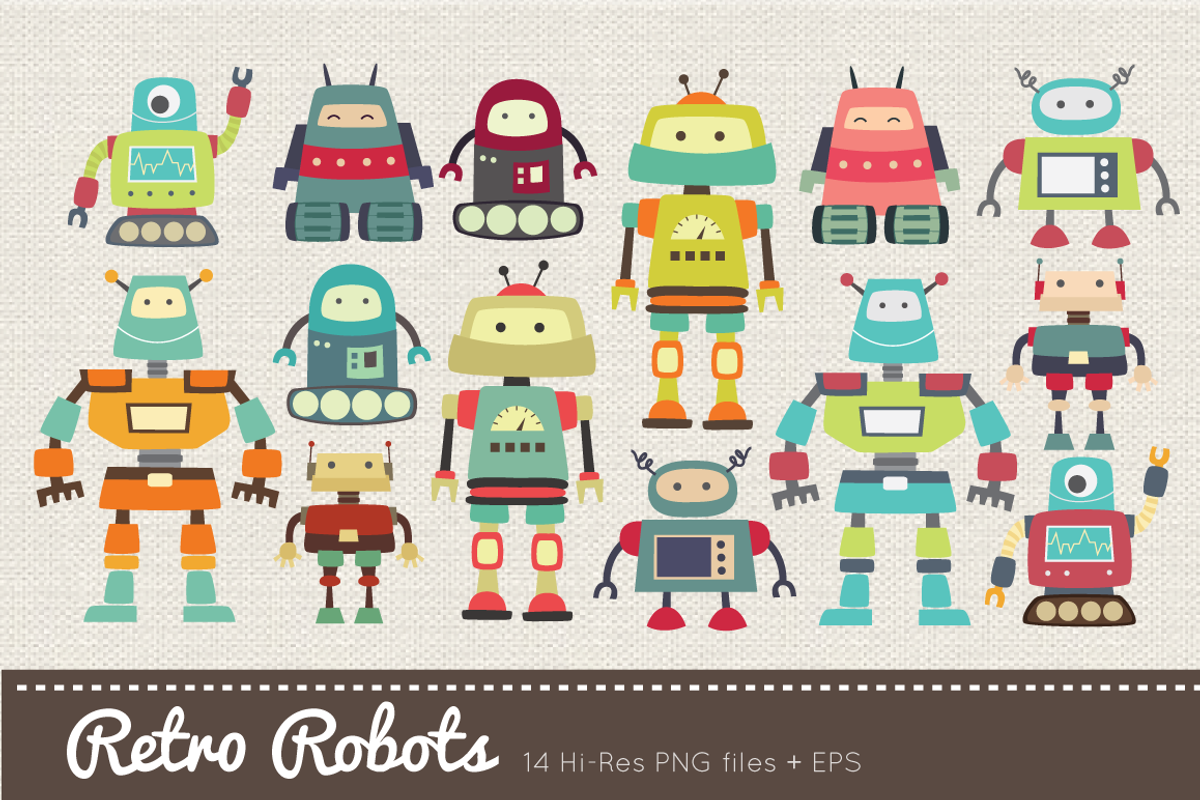 Retro Robots Clipart, an Illustration by cloudstreetlab