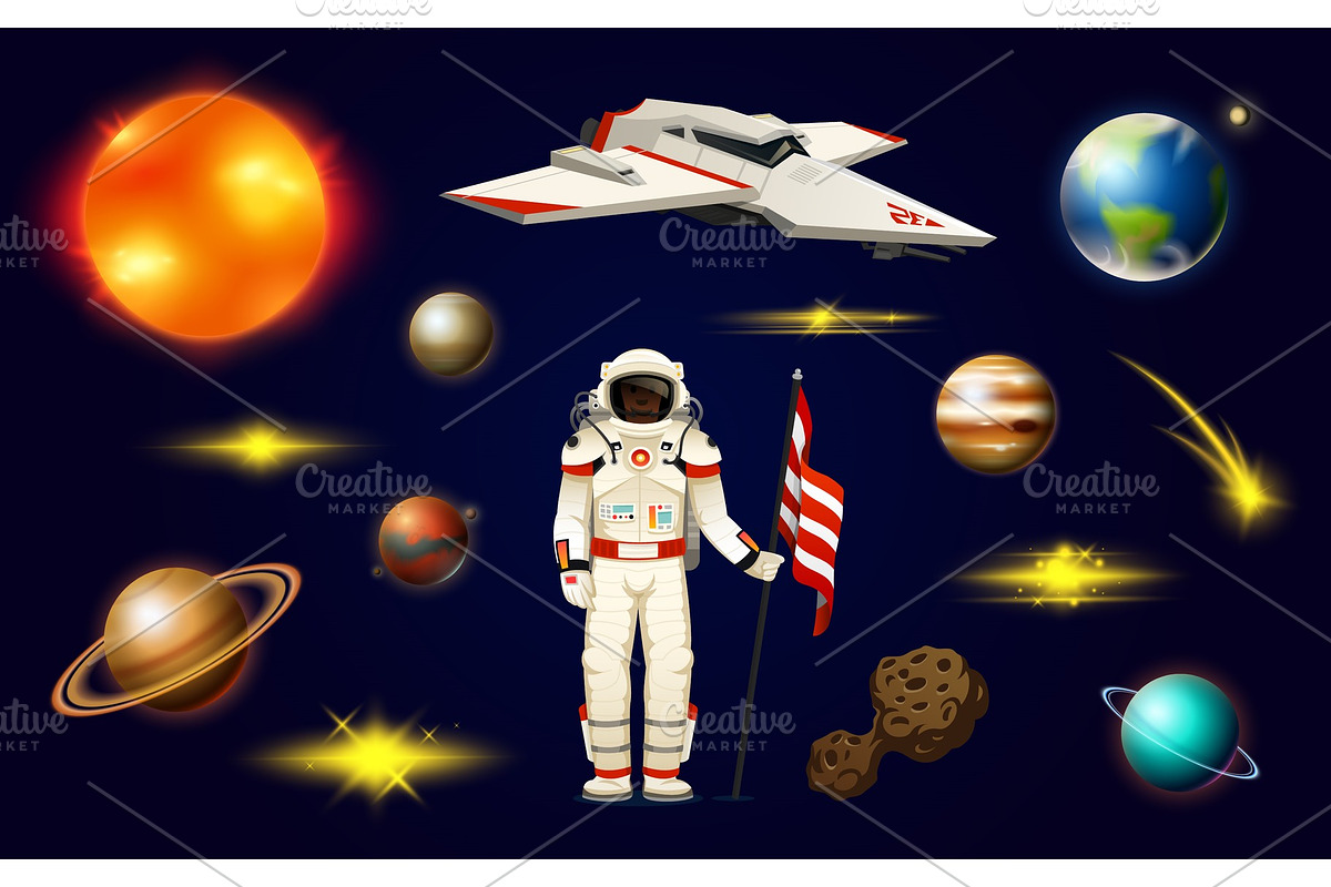 Astronaut spaceman. planets in solar system. Astronomical galaxy ...